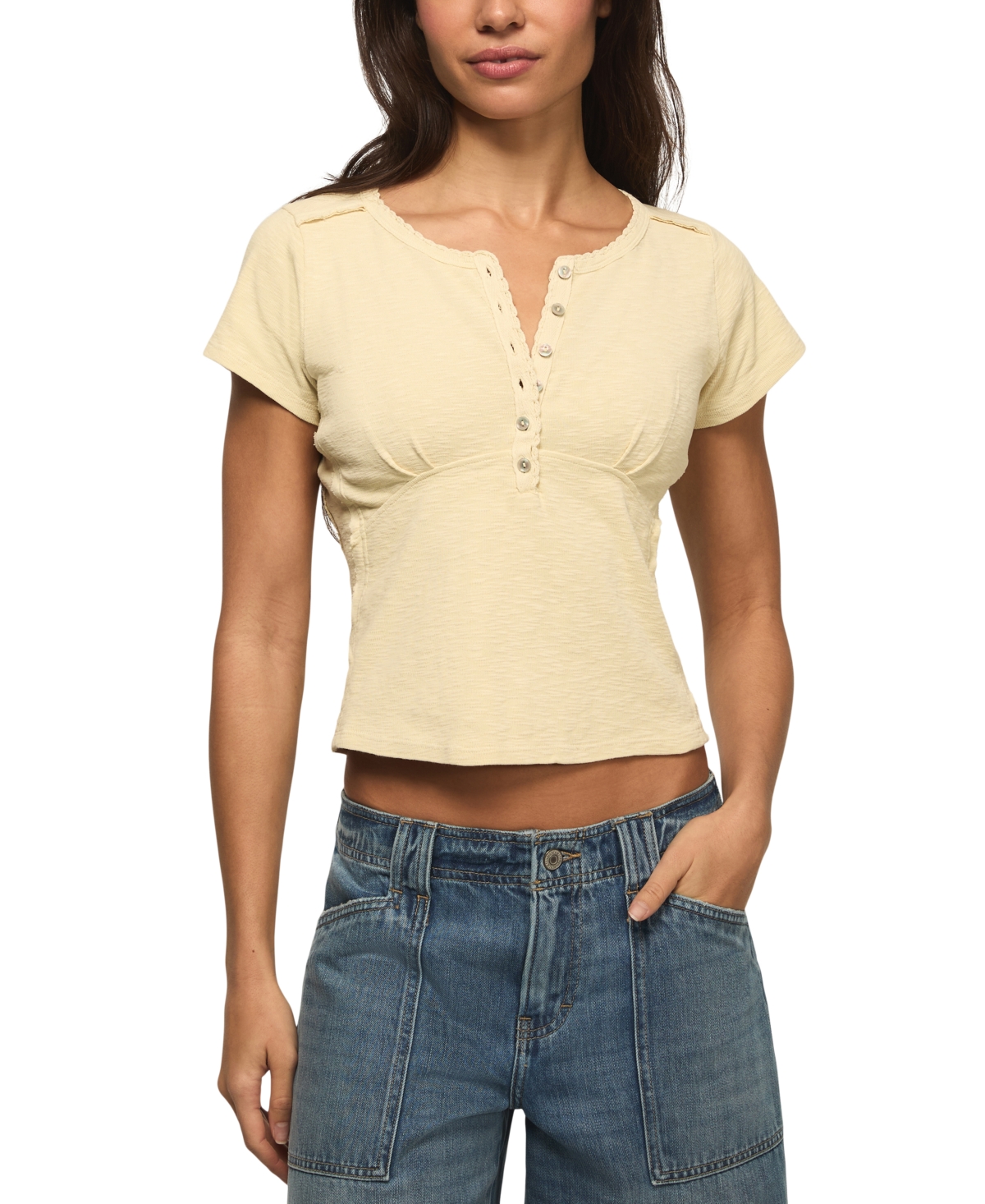 Click here for Lucky Brand Womens Crochet Trim Short-Sleeve Henle... prices