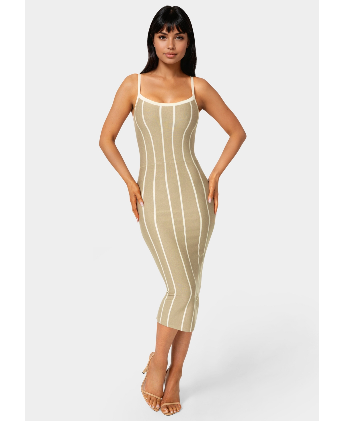 Click here for Bebe Womens Stripe Knit Bodycon Midi Dress - Sand... prices