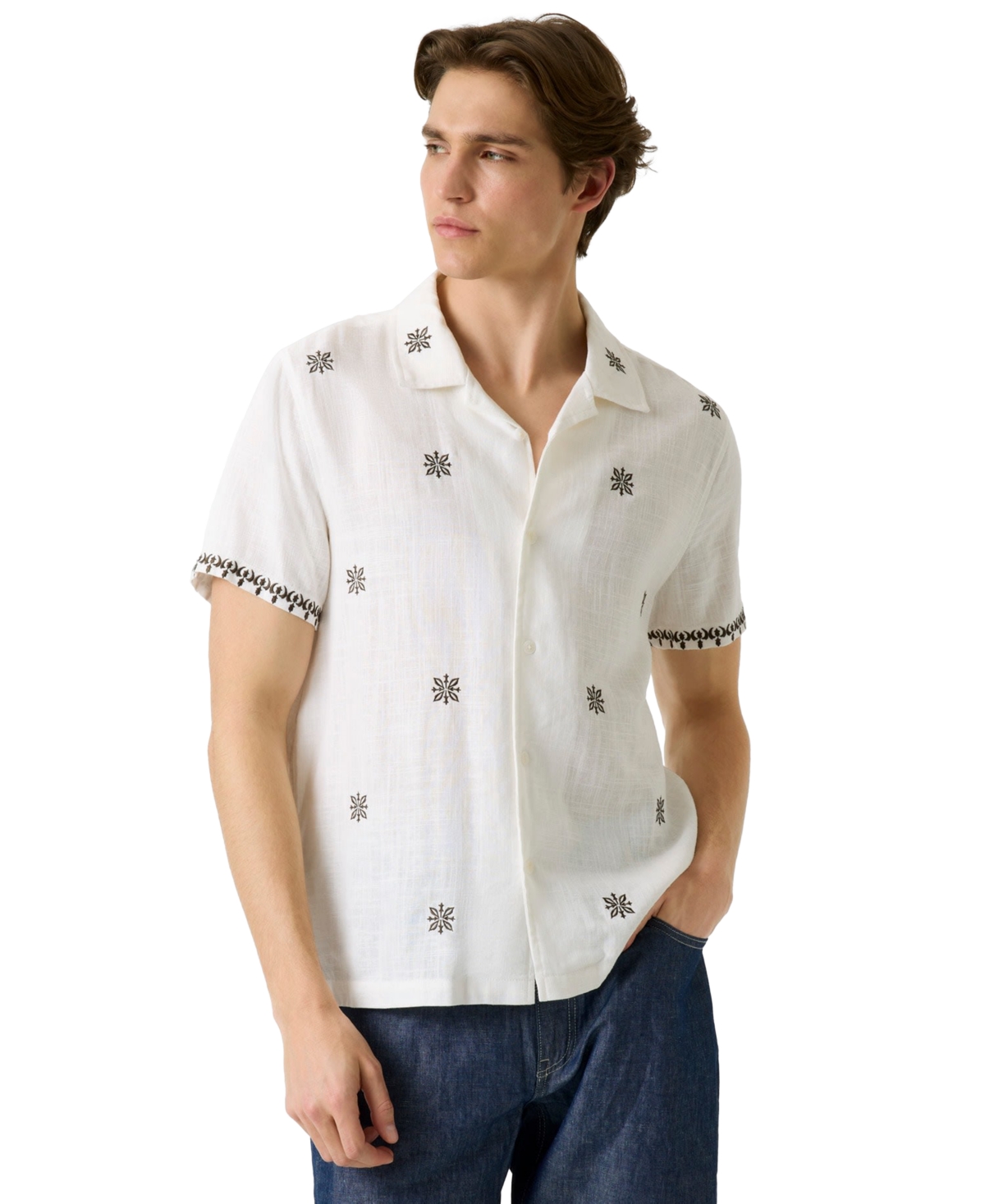Click here for Guess Mens Coast Border Embroidered Shirt - White prices