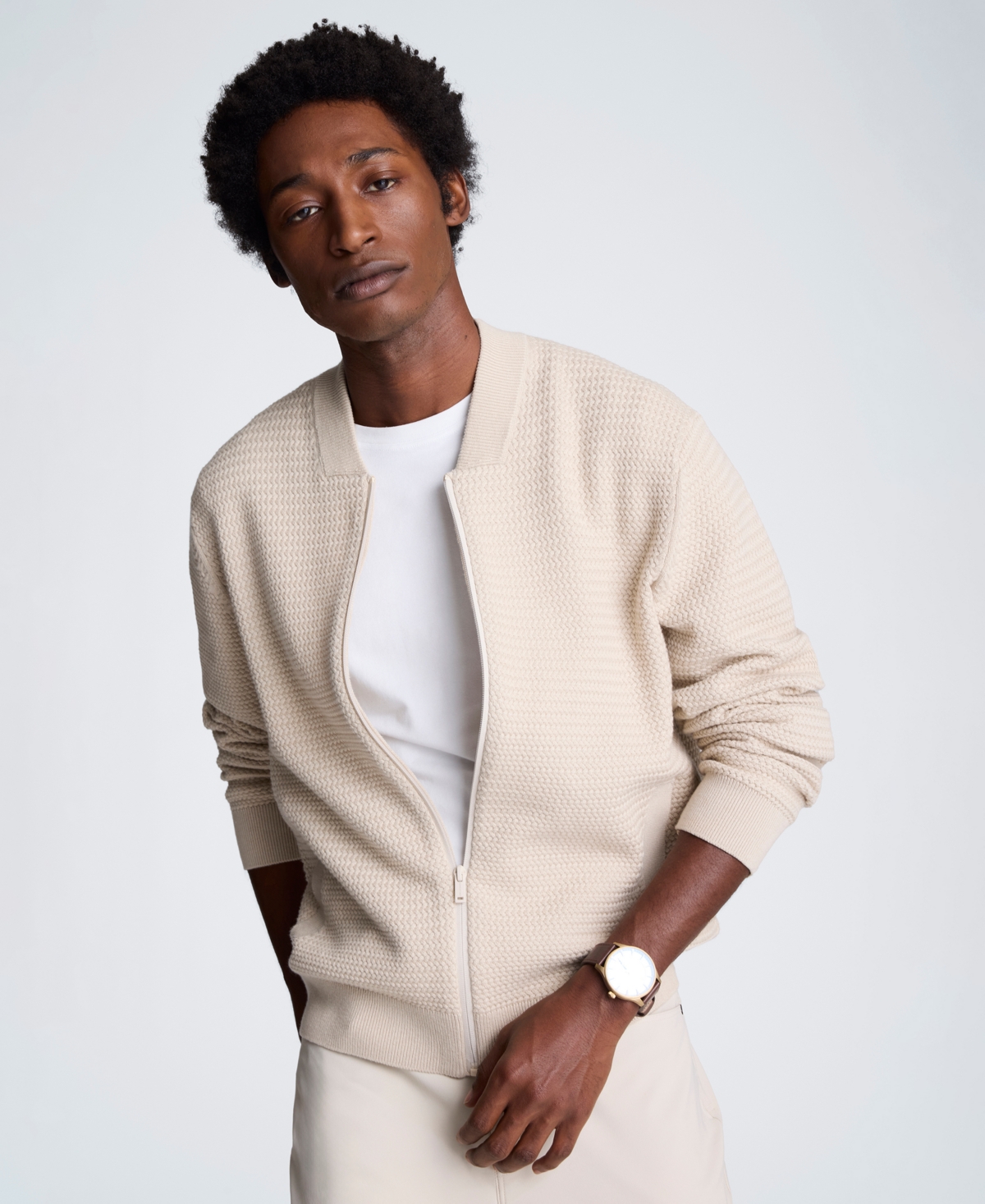 Click here for Kenneth Cole Mens Slim-Fit Bomber Sweater - Cream prices