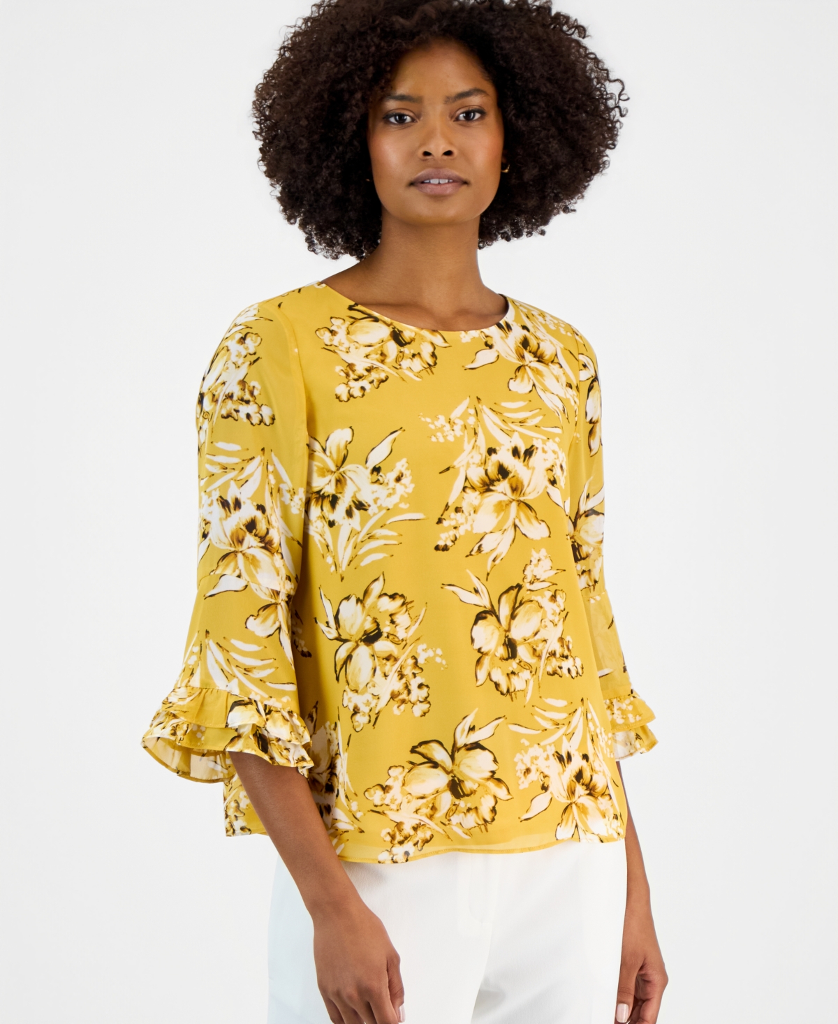 Click here for Kasper Womens Ruffled-Cuff 3/4-Sleeve Top - Butter... prices