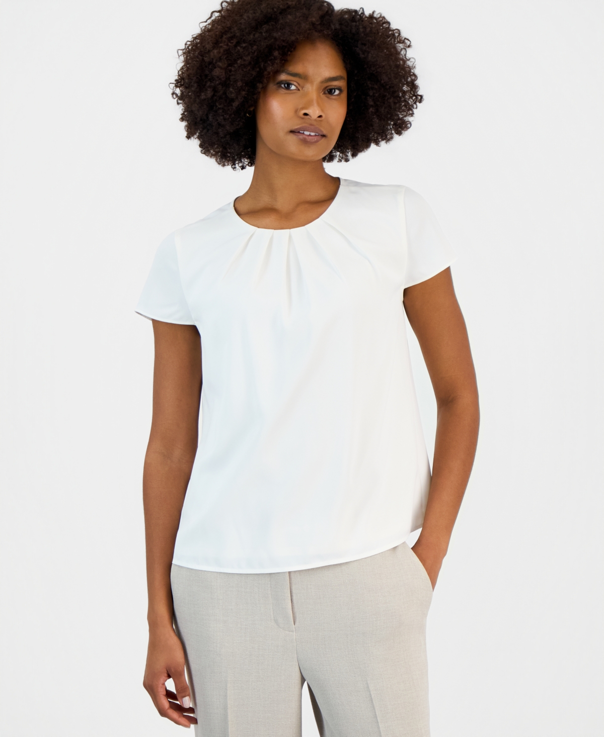 Click here for Kasper Womens Pleated Cap-Sleeve Top - Vanilla Ice prices