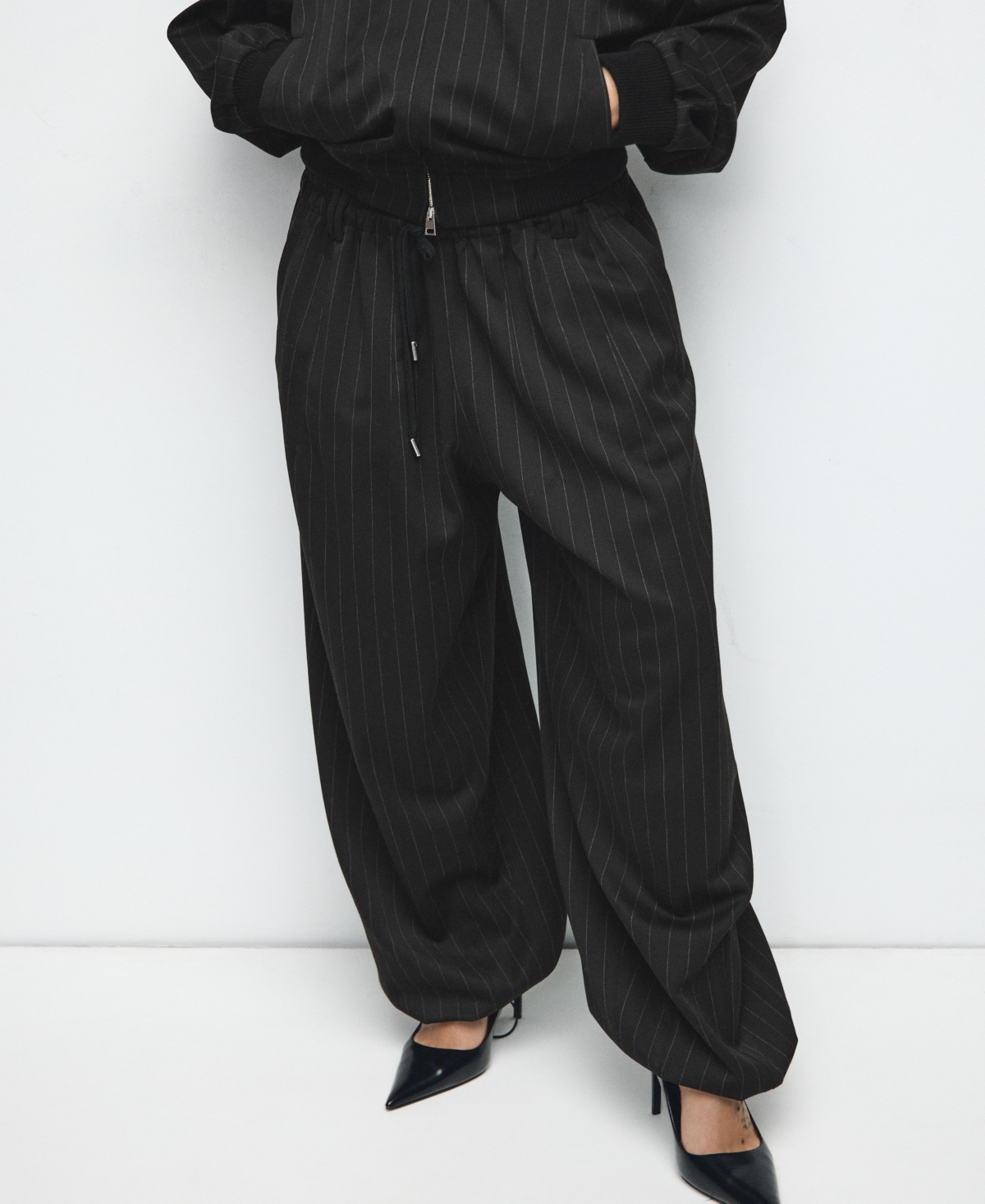 Click here for Mango Womens Pinstripe Balloon Trousers - Black prices