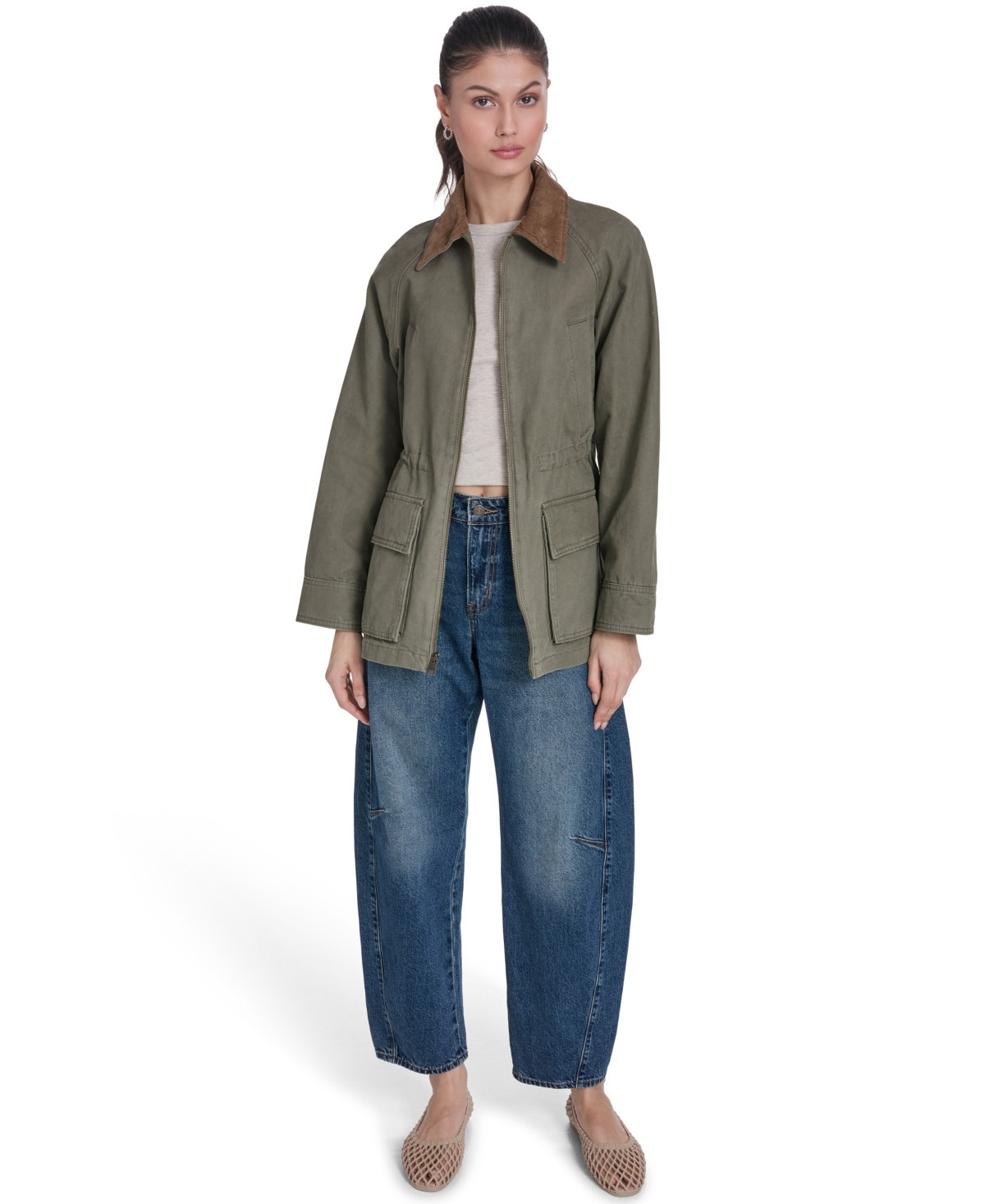 Click here for Levis Womens Cinch Waist Cotton Barn Jacket - Oliv... prices