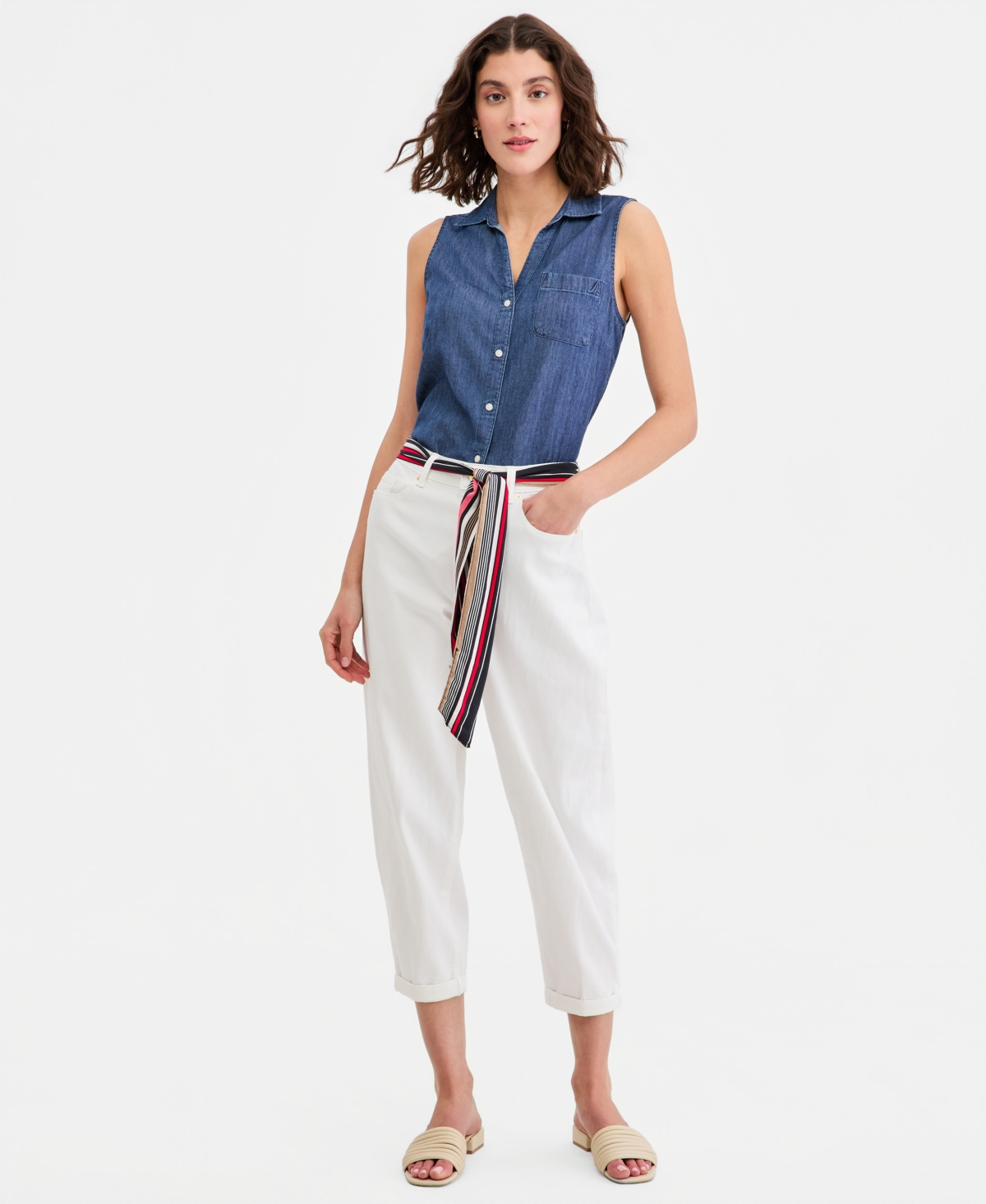Click here for Nautica Womens Belted Carrot-Leg Jeans - White prices