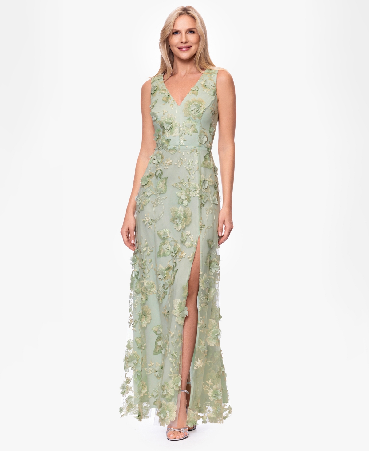 Click here for Xscape Womens V-Neck 3D Embroidered Gown - Sage Go... prices