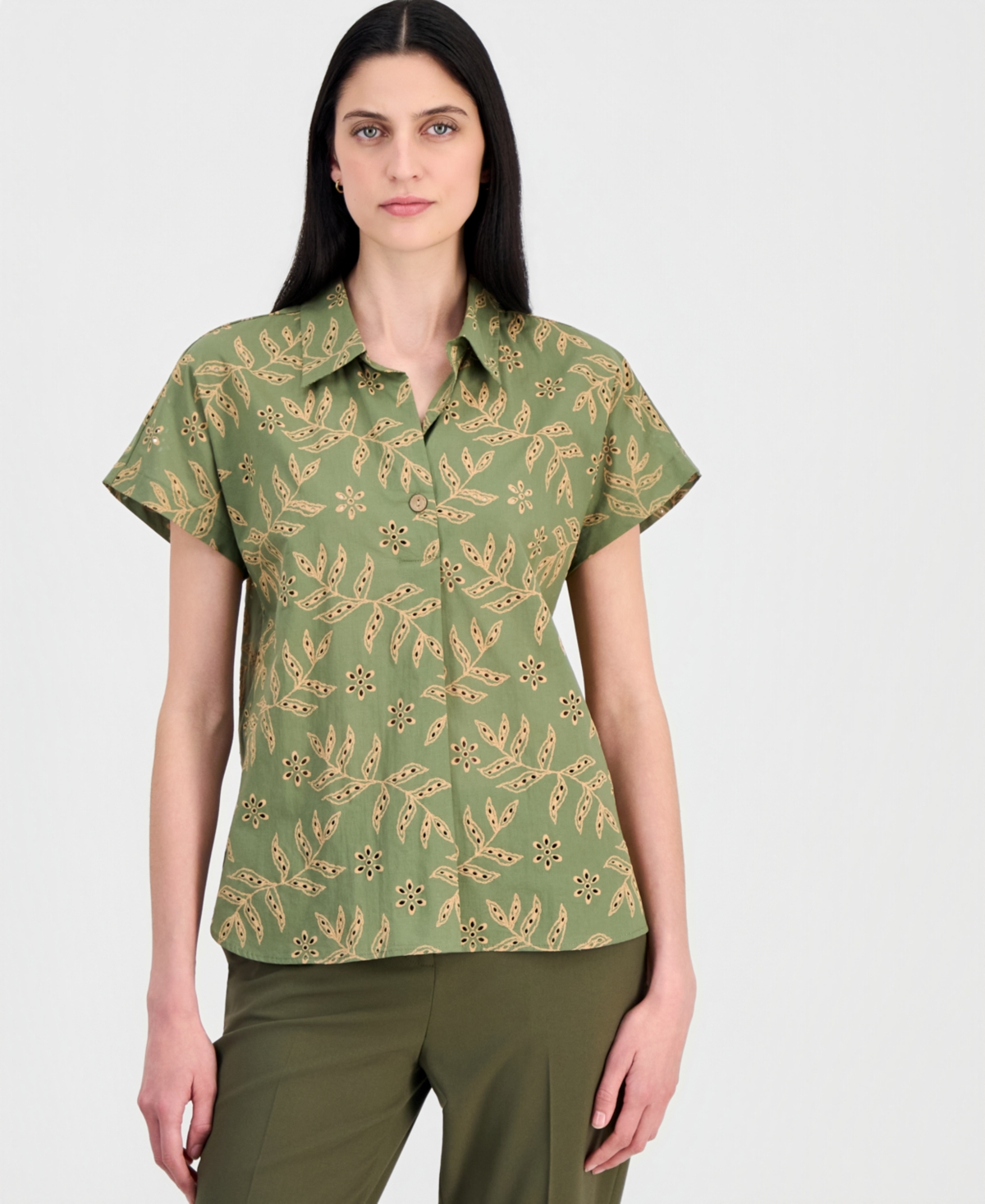 Click here for Tahari Asl Womens Cotton Embroidered-Look Camp Shi... prices