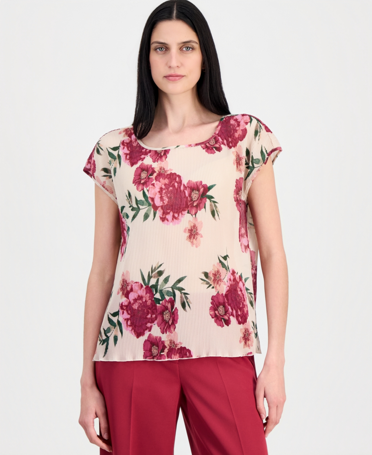 Click here for Tahari Asl Womens Pleated Floral Boat-Neck Top - S... prices