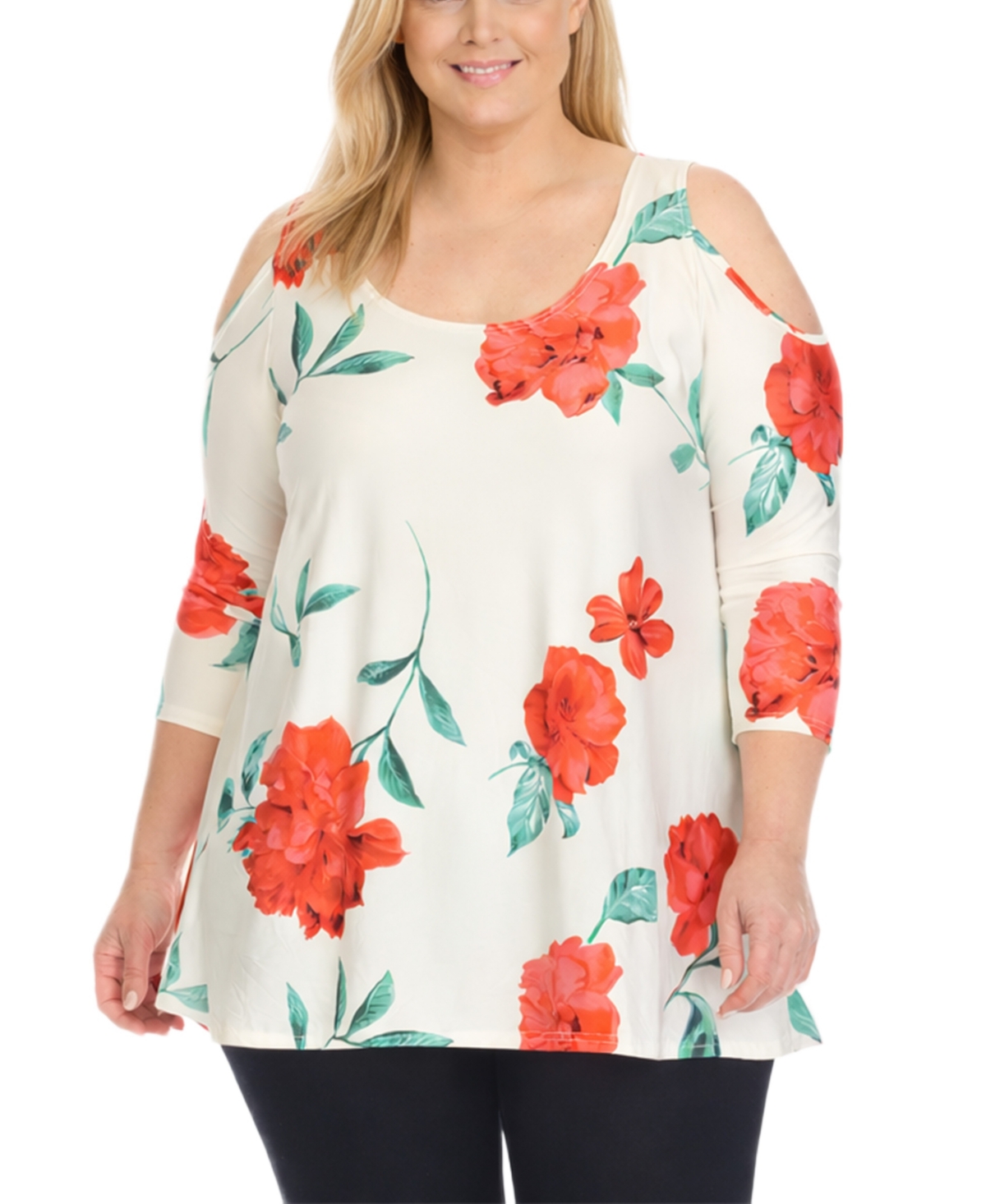 Click here for White Mark Plus Size Floral Cold Shoulder Knit Tun... prices