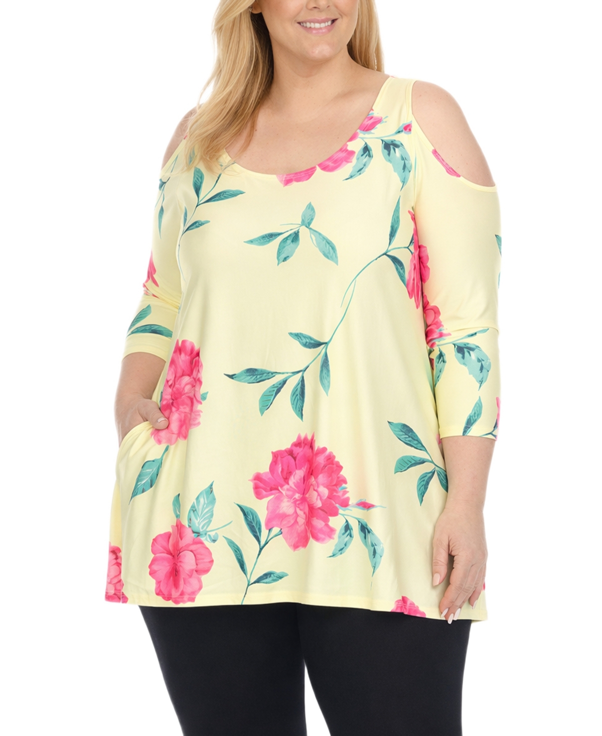 Click here for White Mark Plus Size Floral Cold Shoulder Knit Tun... prices
