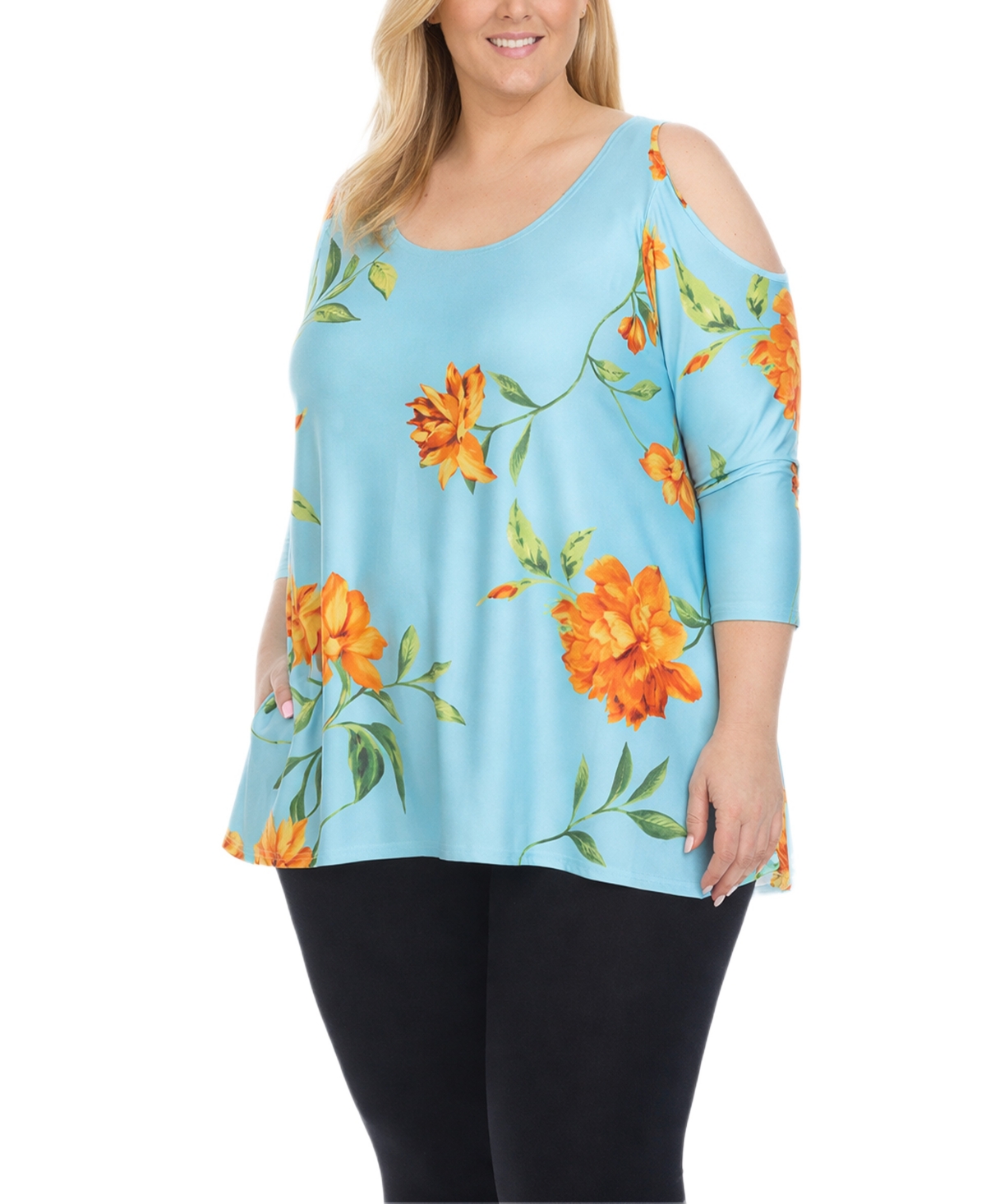 Click here for White Mark Plus Size Floral Cold Shoulder Knit Tun... prices