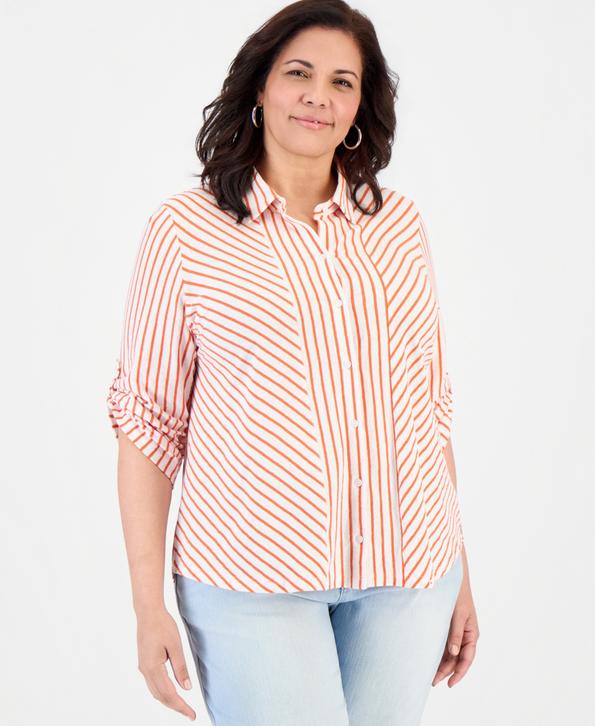 Click here for Style & Co Plus Size Striped Knit Roll-Tab Shirt... prices