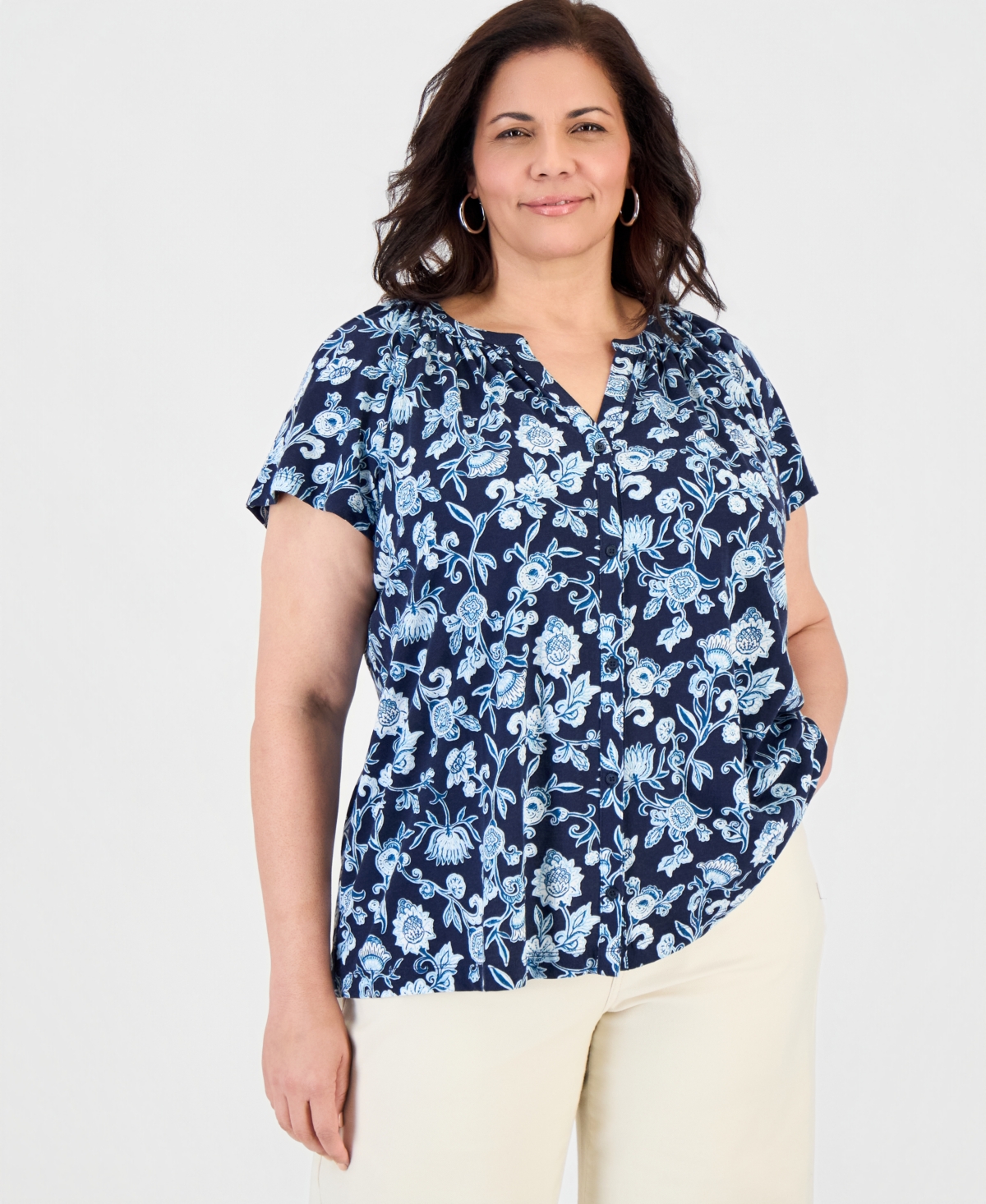 Click here for Style & Co Plus Size Relaxed Flutter-Sleeve Blouse... prices