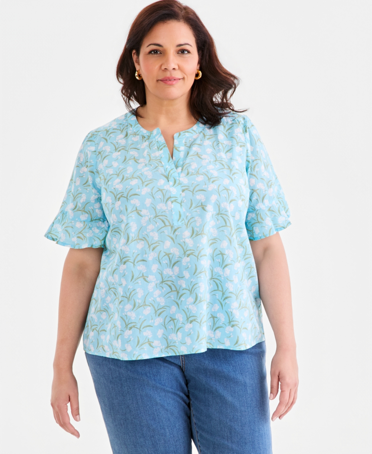 Click here for Style & Co Plus Size Cotton Printed Flutter-Sleeve... prices