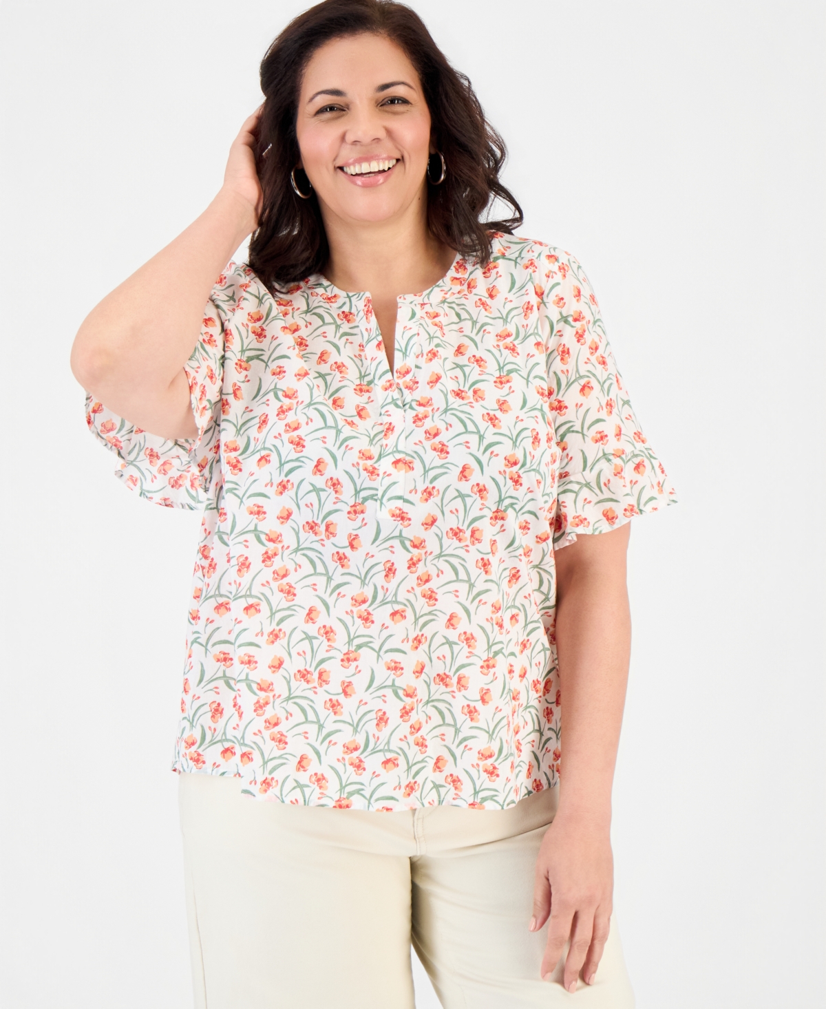 Click here for Style & Co Plus Size Cotton Printed Flutter-Sleeve... prices