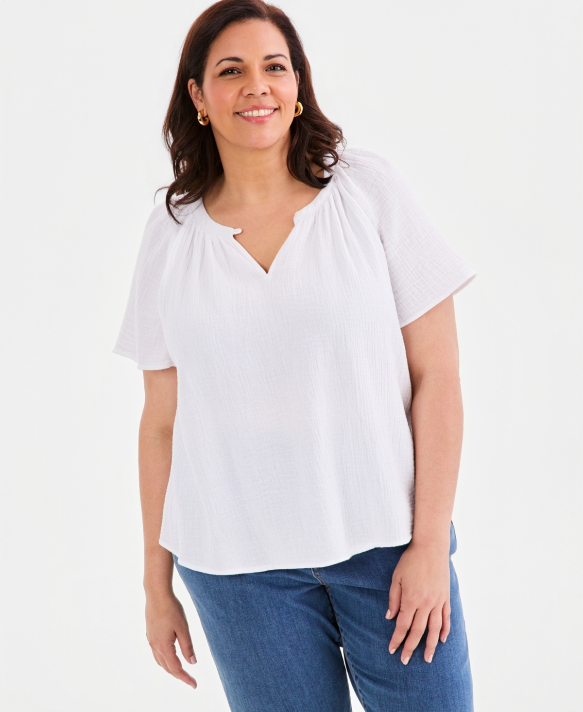 Click here for Style & Co Plus Size Cotton Gauze Flutter-Sleeve T... prices