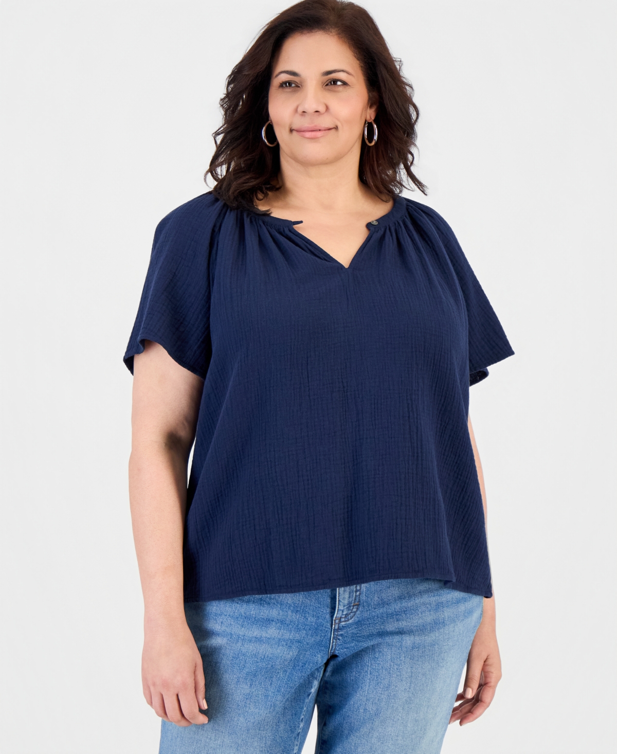 Click here for Style & Co Plus Size Cotton Gauze Flutter-Sleeve T... prices