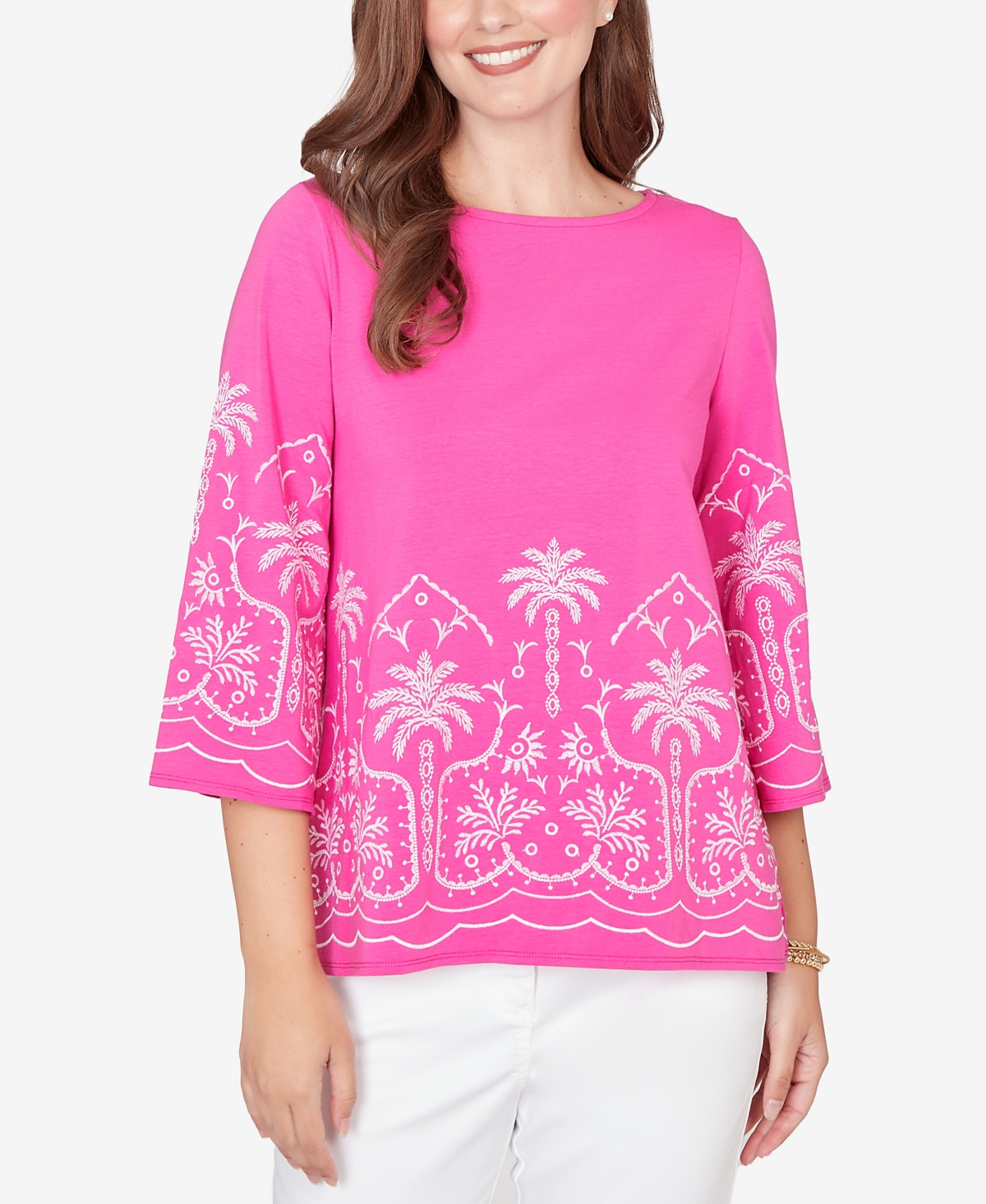 Click here for Ruby Rd. Petite Palm Tree Embroidered Knit Top - F... prices