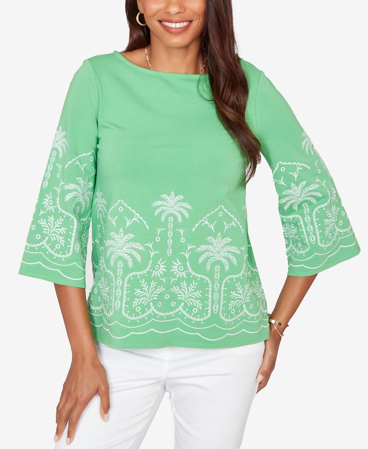 Click here for Ruby Rd. Petite Palm Tree Embroidered Knit Top - S... prices