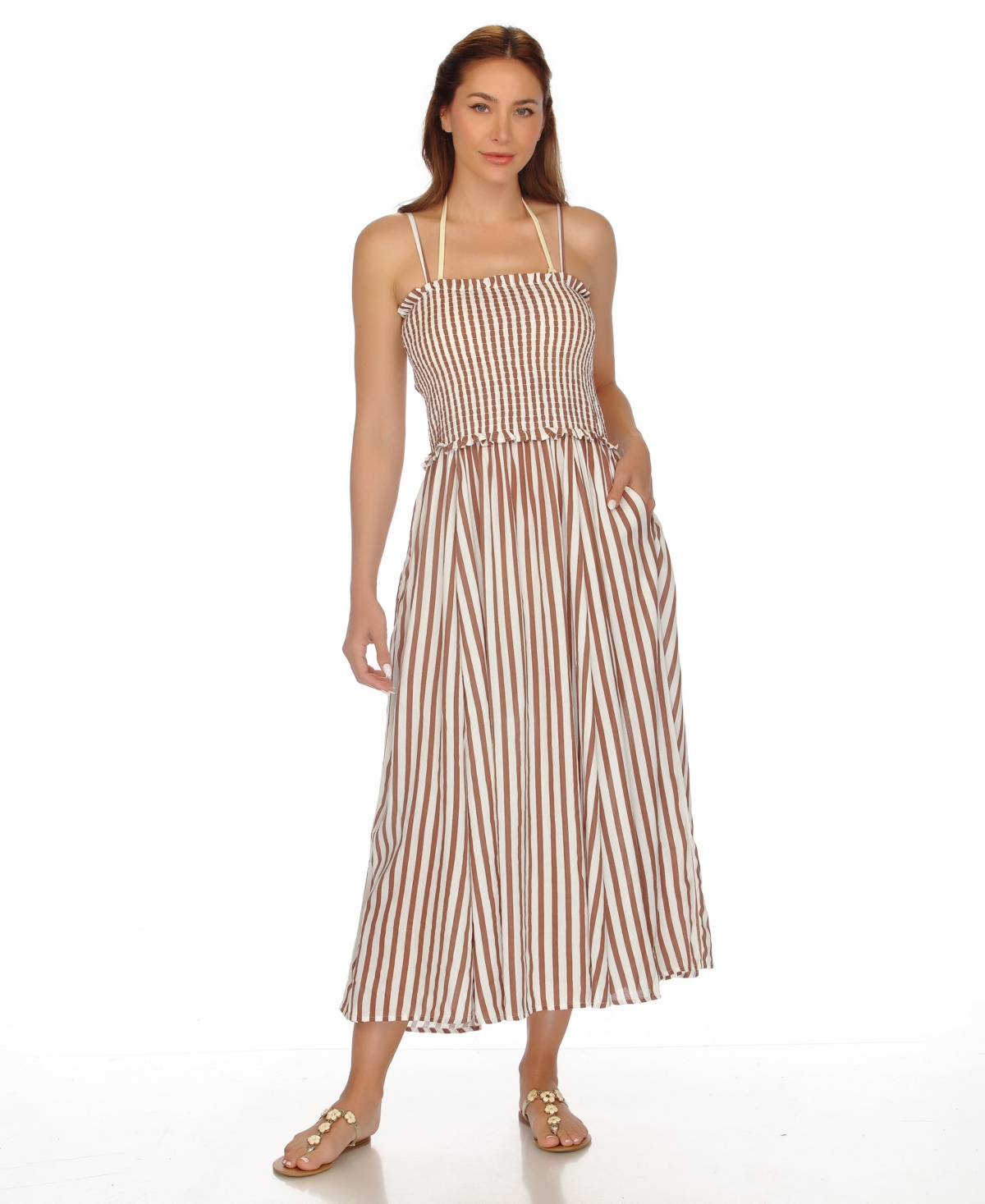 Click here for Raviya Womens Striped Smocked Midi Swim Dress - Br... prices