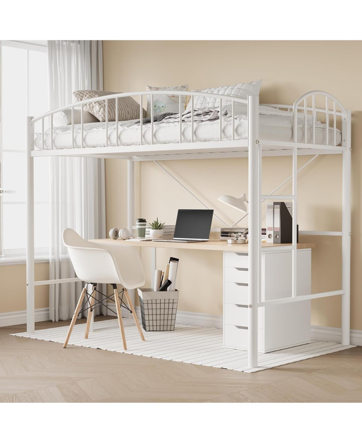 Click here for gaomon Twin Metal Loft Bed  White  Steel Frame  Ar... prices