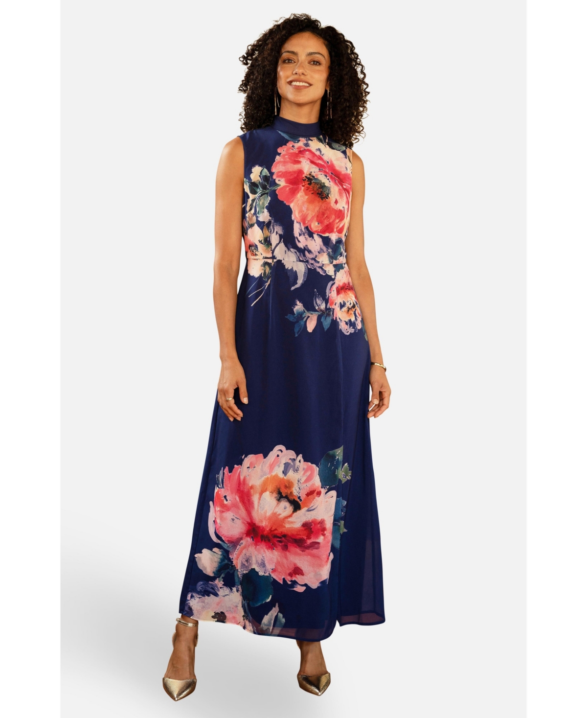Click here for Yumi Womens Flower High Neck Maxi Dress - Navy prices