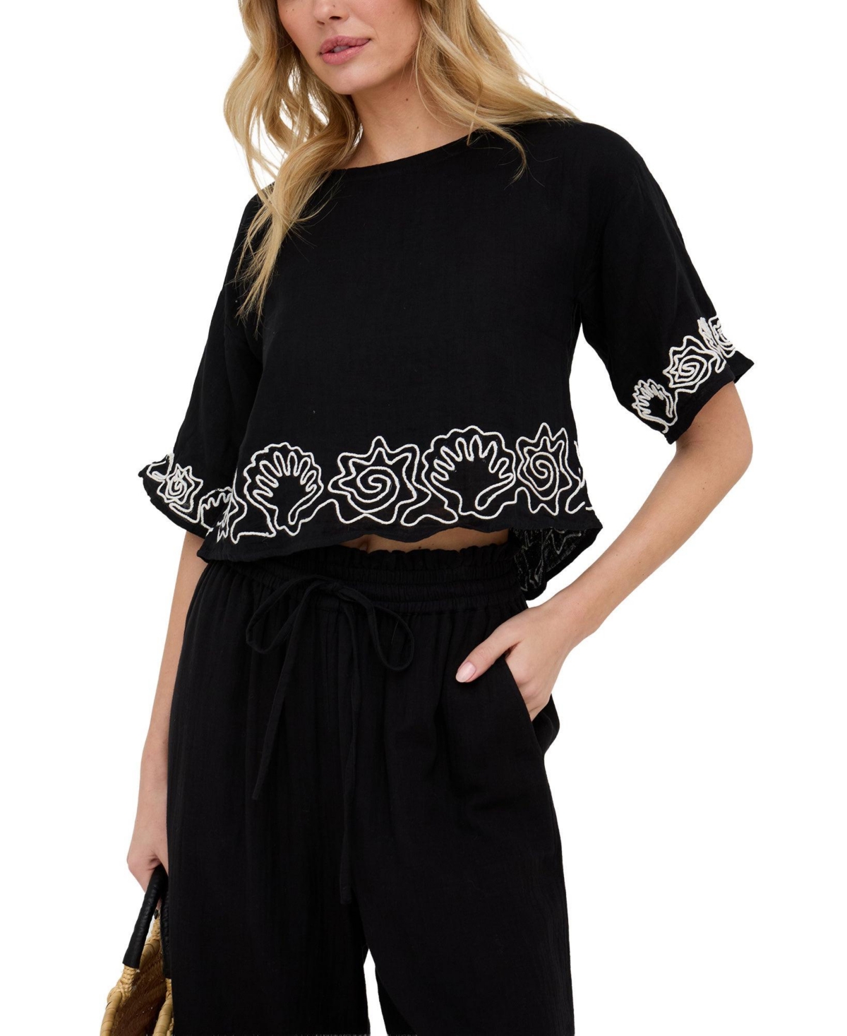 Click here for Raffya Womens Milly Embroidered Split Open Back Bl... prices