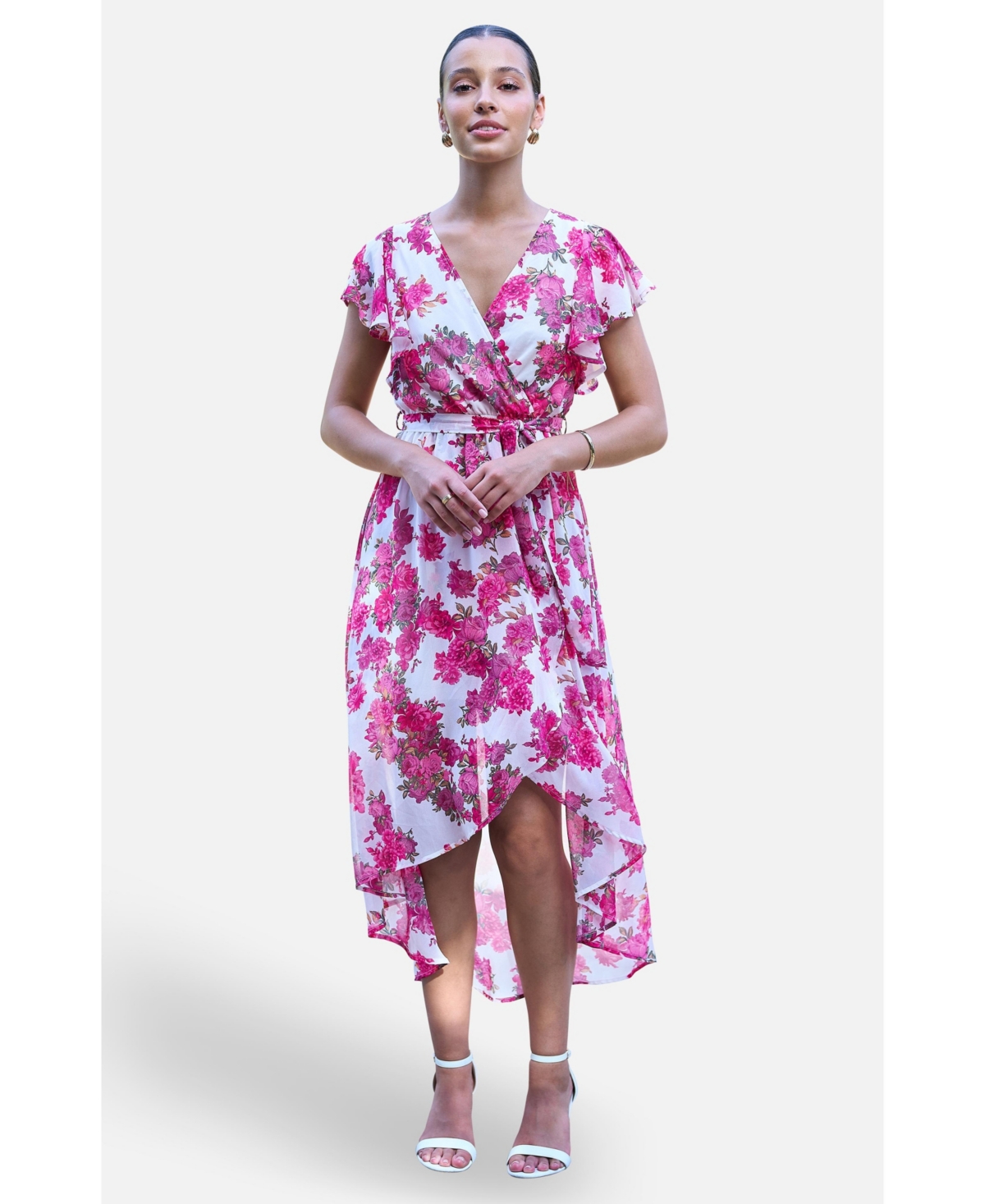 Click here for Yumi Womens Floral Dipped Hem Wrap Dress - Ivory prices