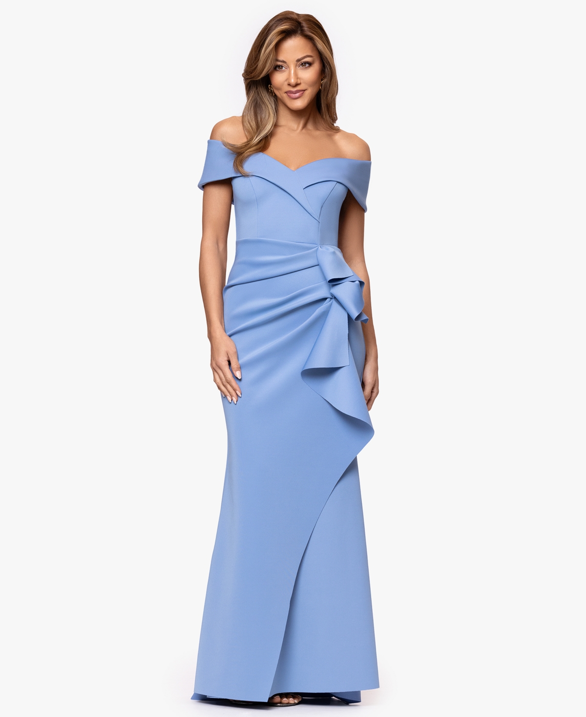 Click here for Xscape Petite Off-The-Shoulder Ruffle Gown - Slate prices
