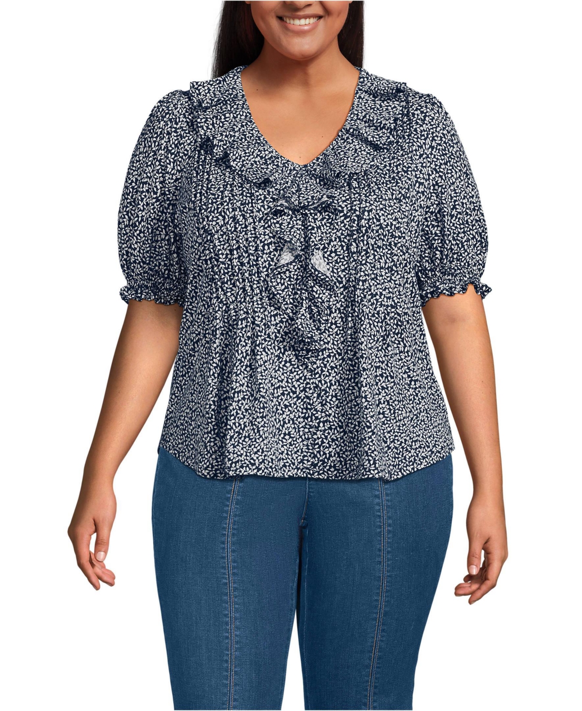 Click here for Lands End Plus Size Womens Puff Sleeve Slub Ruffle... prices
