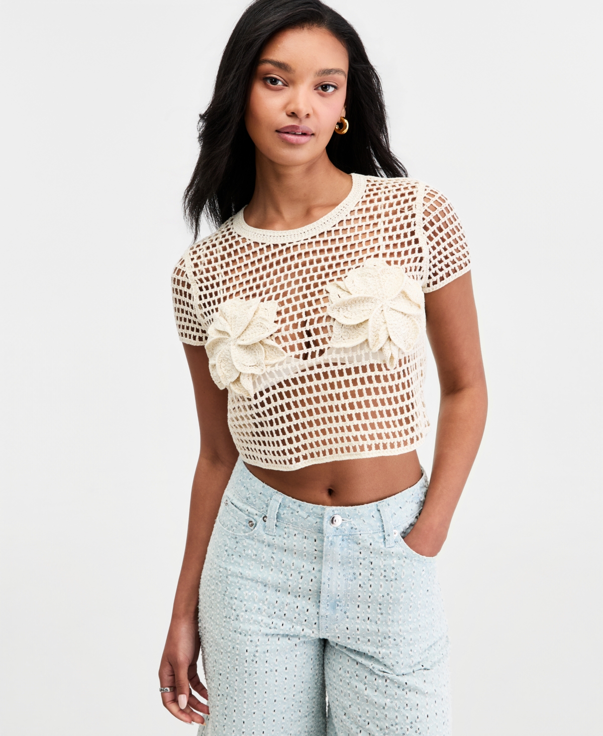 Click here for Bar Iii Womens Floral Crochet T-Shirt  Macys Exclu... prices