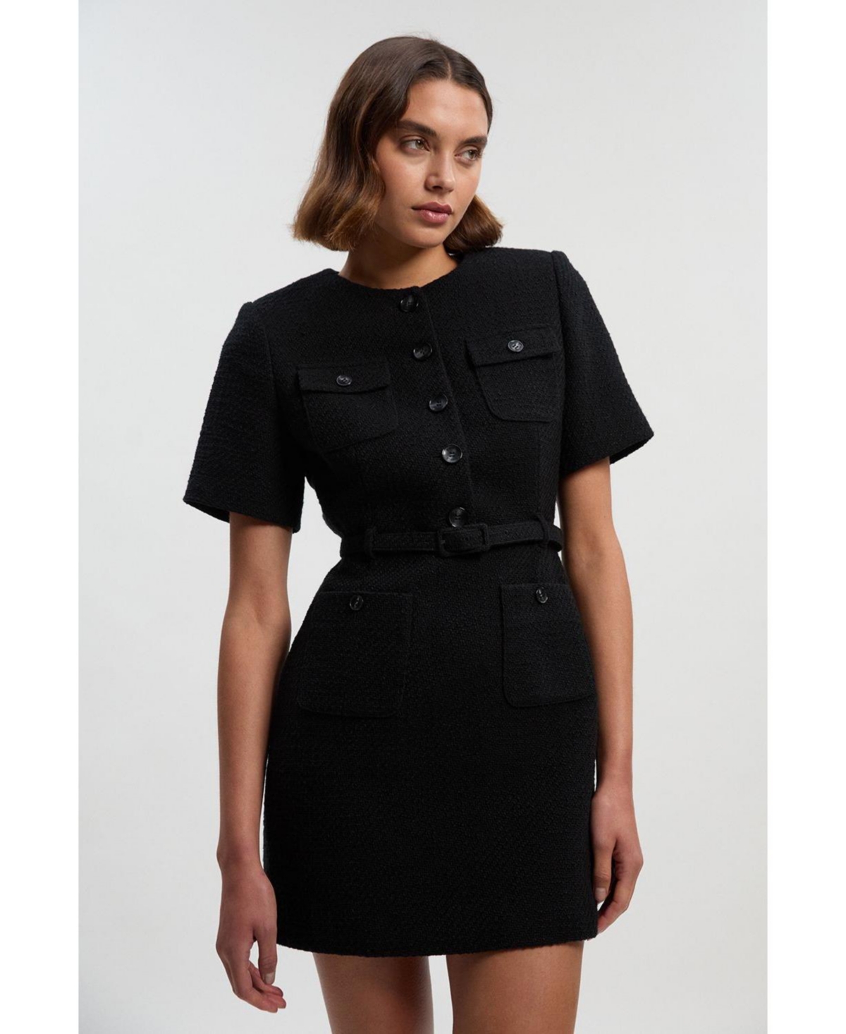 Click here for Karen Millen Womens Tweed Belted Mini Dress - Blac... prices