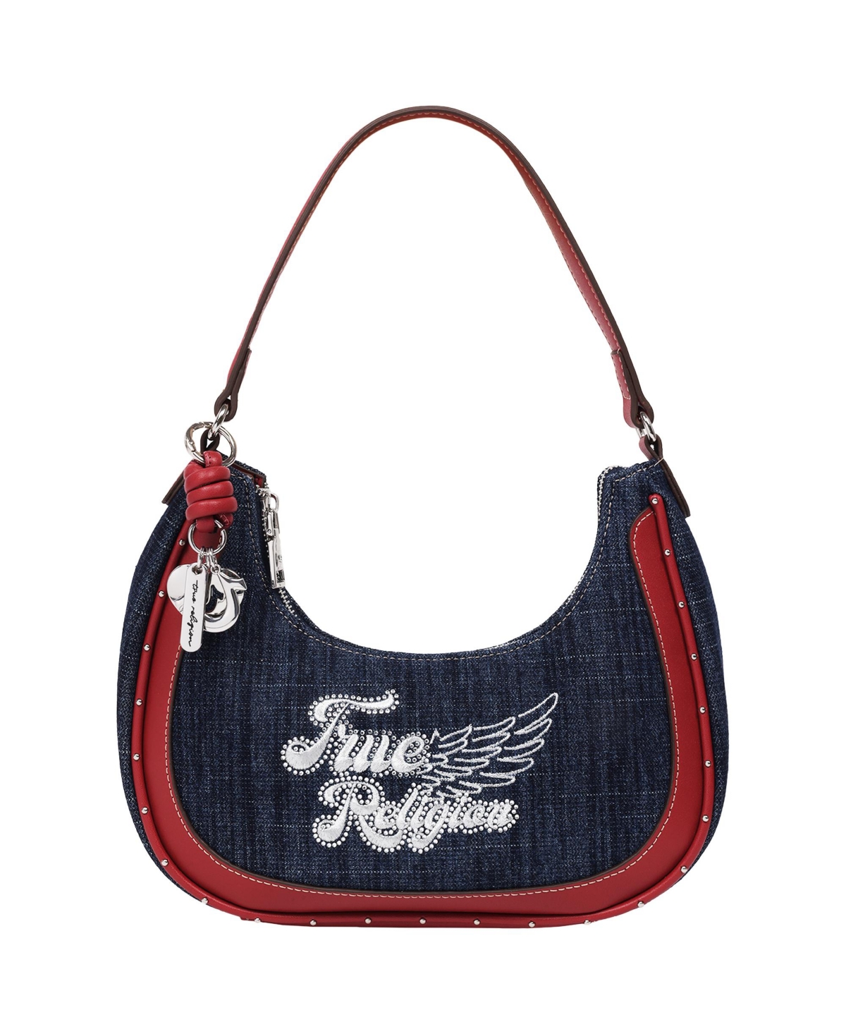 Click here for True Religion Wing Motif Denim Hobo Bag with Red T... prices