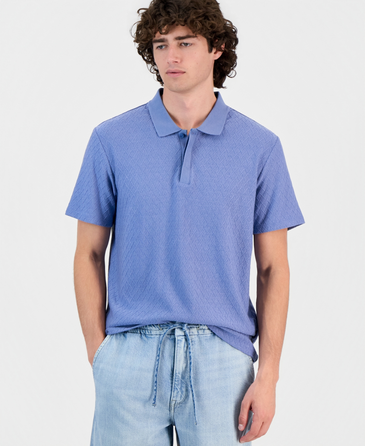 Click here for Guess Mens Diagonal Texture Interlock Zip Polo - N... prices
