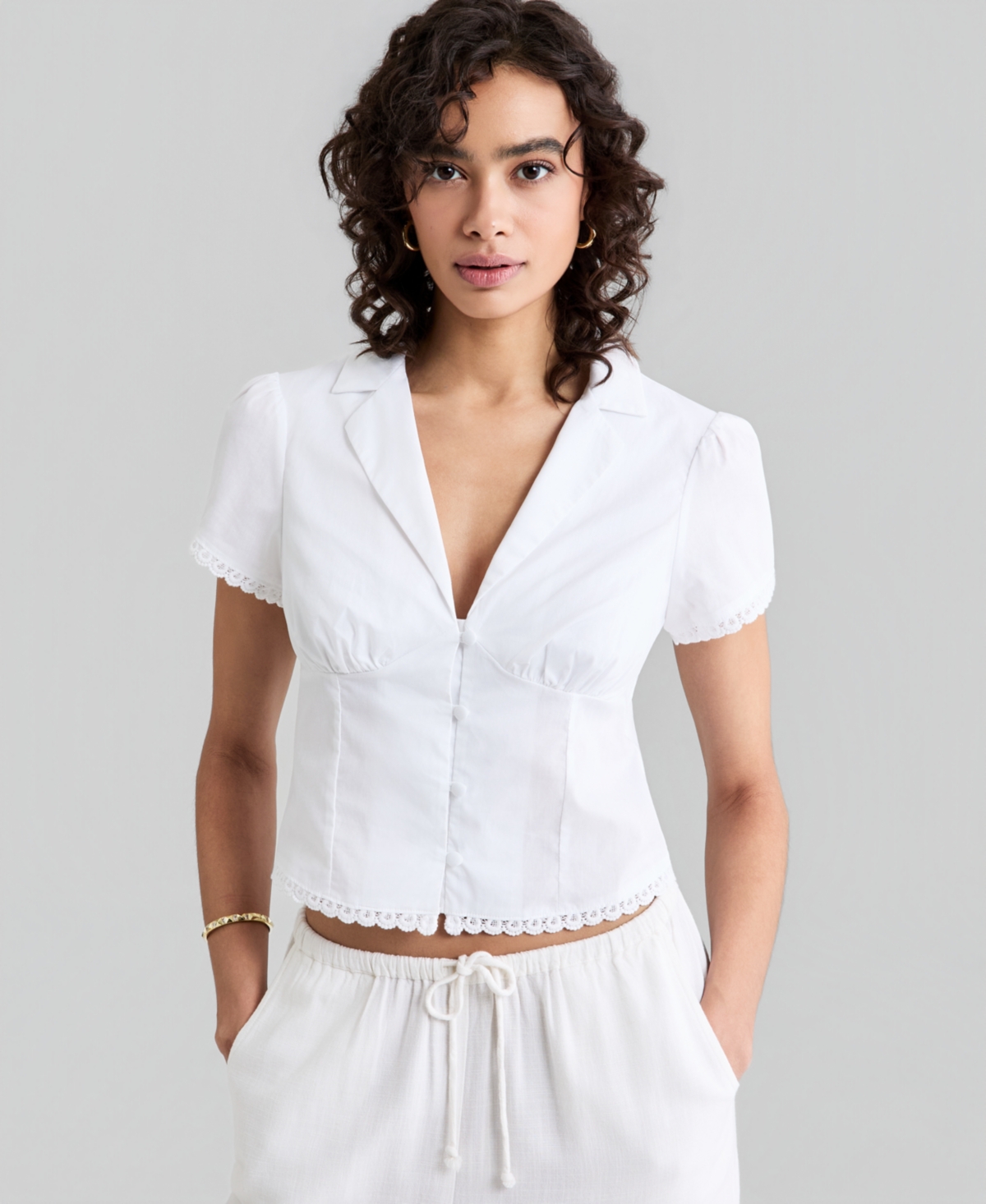 Click here for And Now This Womens Lace-Trim Fitted Cotton Shirt... prices