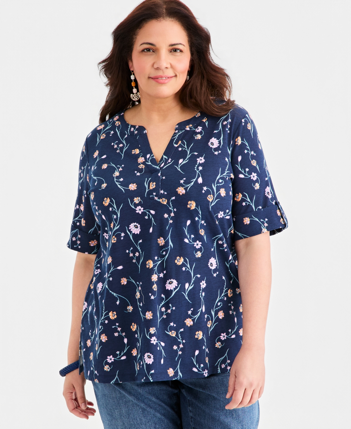 Click here for Style & Co Plus Size Roll-Tab Sleeve Split-Neck To... prices