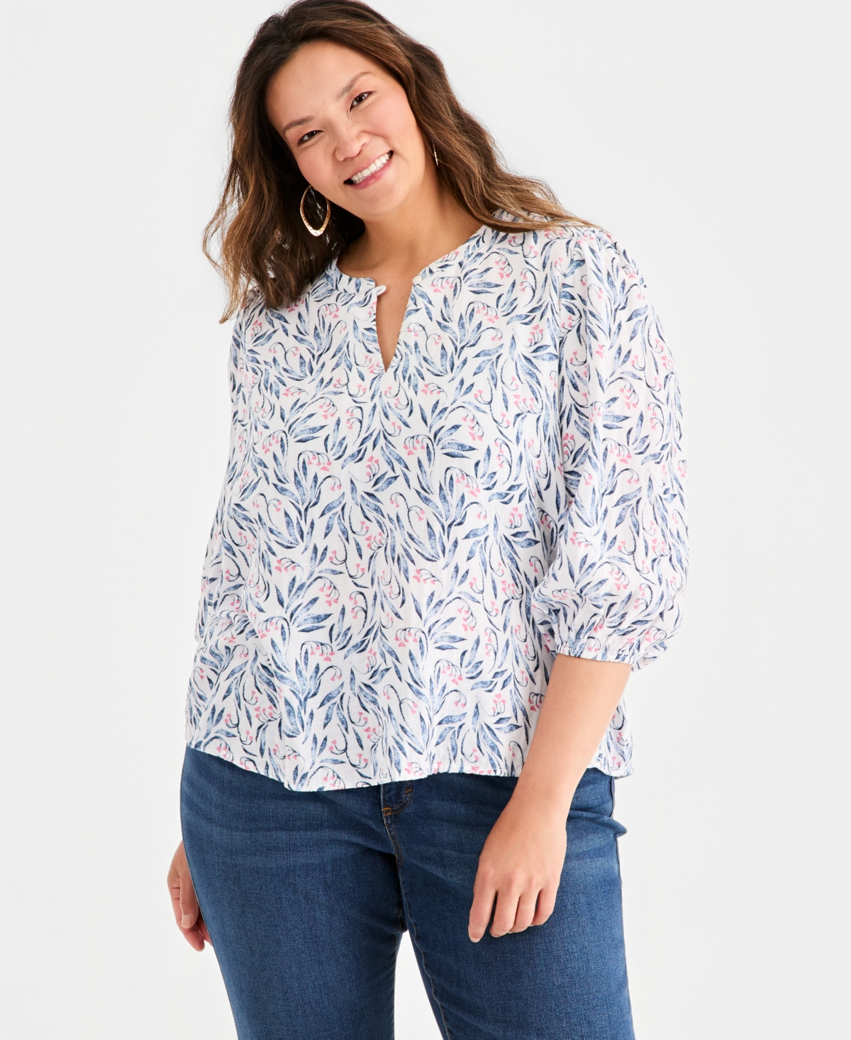 Click here for Style & Co Plus Size Cotton Gauze Printed 3/4-Slee... prices