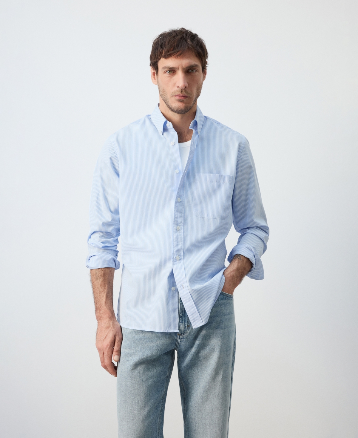 Click here for Mango Mens Cotton Regular-Fit Striped Shirt - Sky... prices