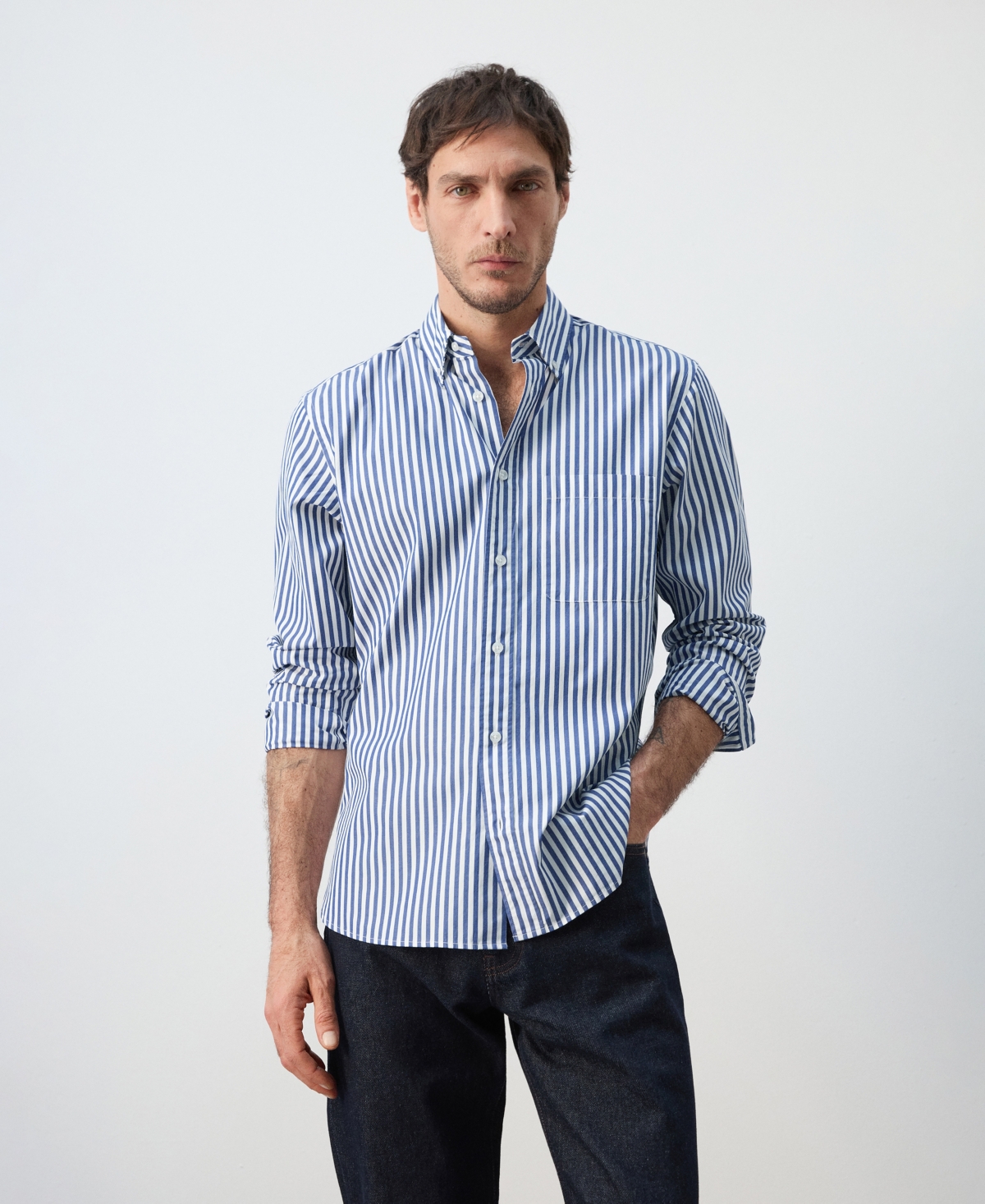 Click here for Mango Mens Cotton Regular-Fit Striped Shirt - Vibr... prices