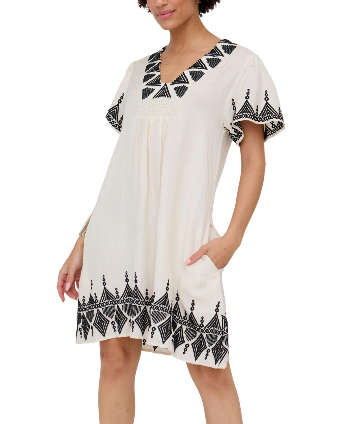 Click here for Raffya Womens Liberty V-Neck Embroidered Mini Dres... prices