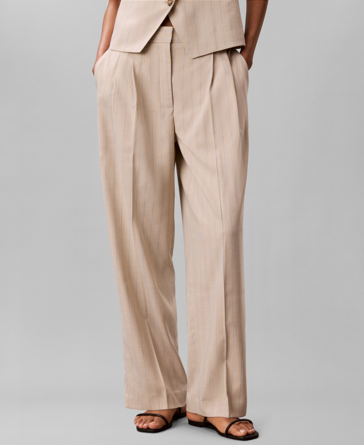 Click here for Calvin Klein Womens Mid-Rise Pinstripe Wide-Leg Pa... prices