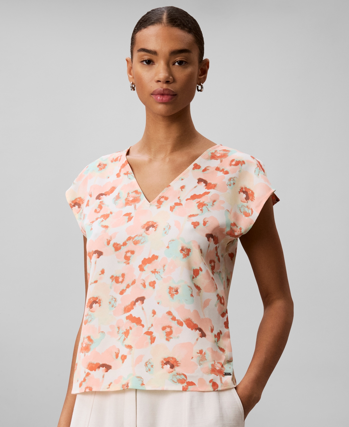 Click here for Calvin Klein Womens V-Neck Printed Top - Watercolo... prices