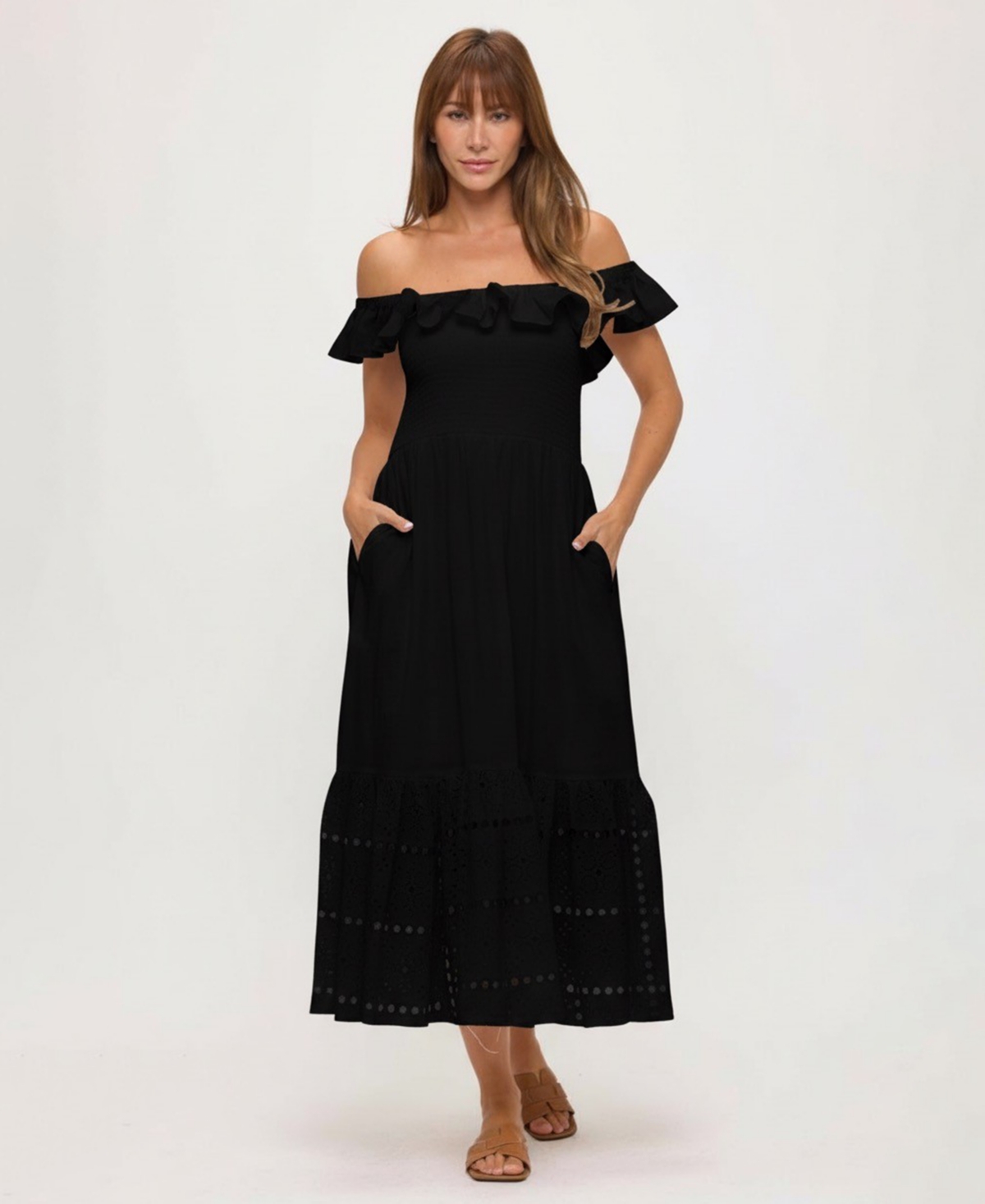 Click here for Dotti Womens Off-The-Shoulder Flounced Smocked Mid... prices