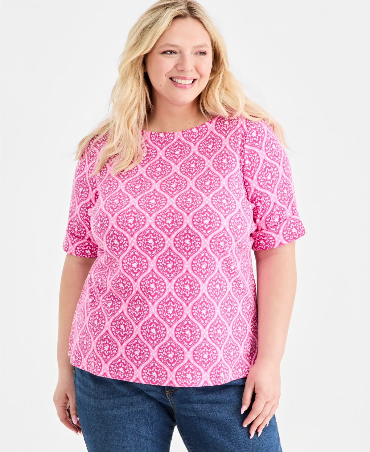 Click here for Style & Co Plus Size Printed Elbow-Sleeve Top  Mac... prices