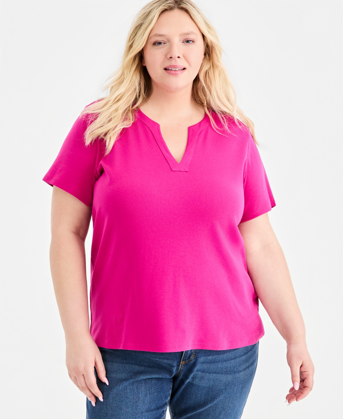 Click here for Style & Co Plus Size Short Sleeve Split Neck Knit... prices