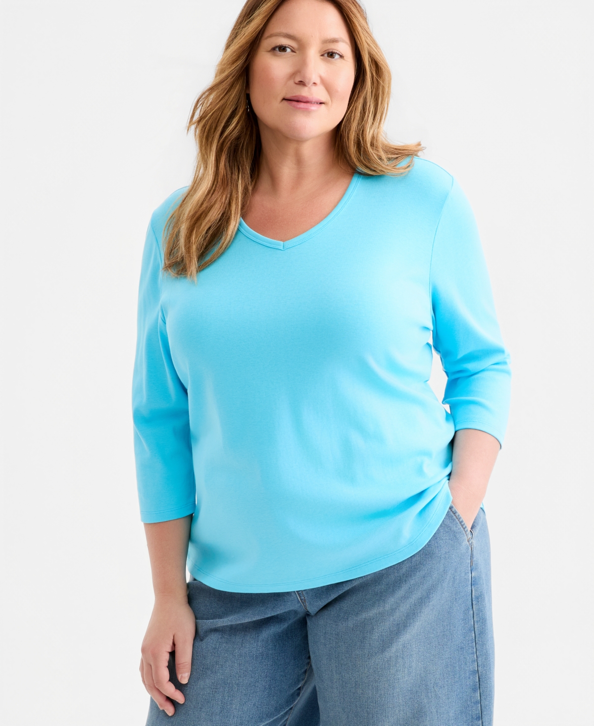 Click here for Style & Co Plus Size Cotton V-Neck 3/4-Sleeve Top... prices