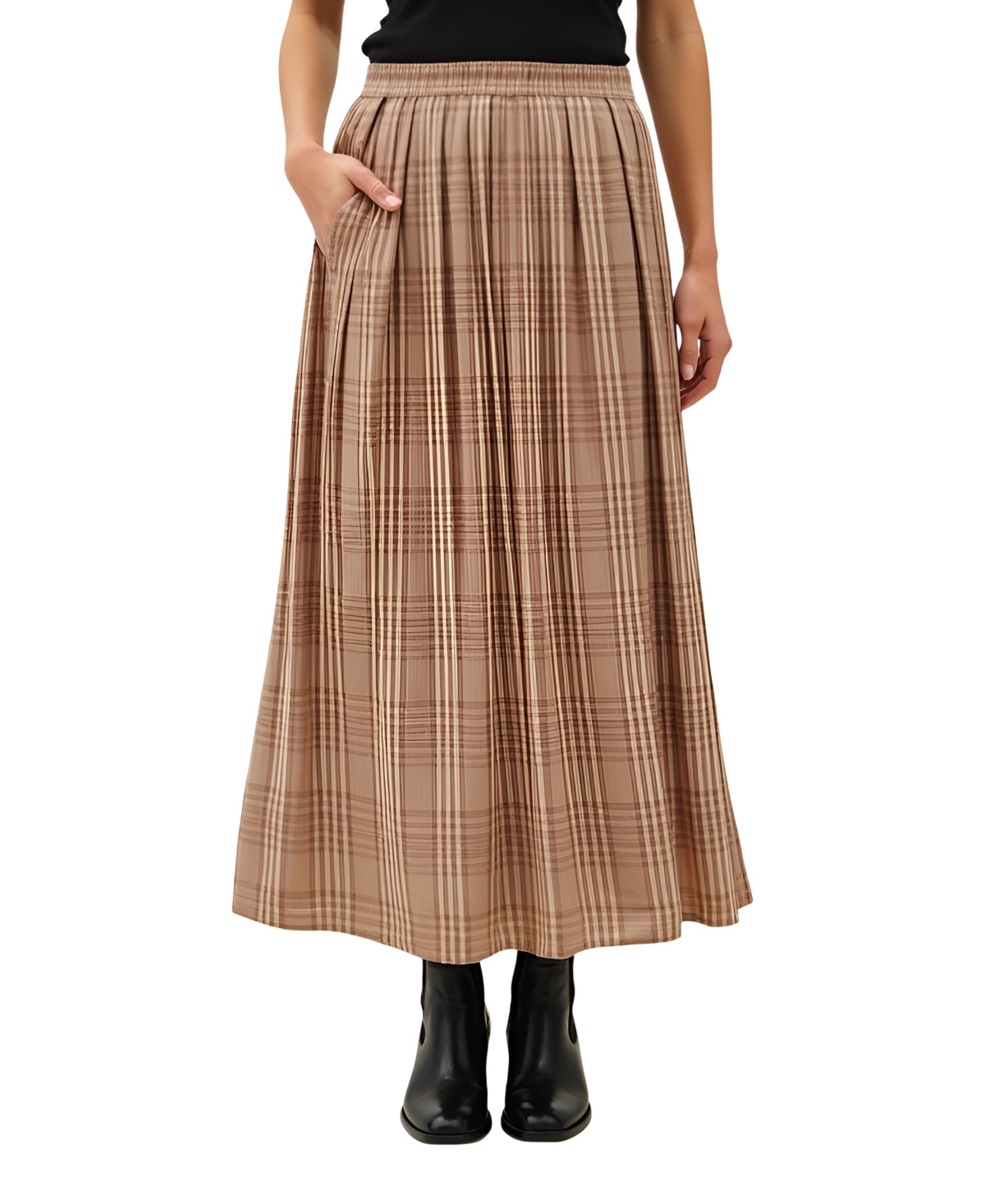 Click here for Modenaire Womens Plaid Pleated Maxi Skirt - Beige... prices