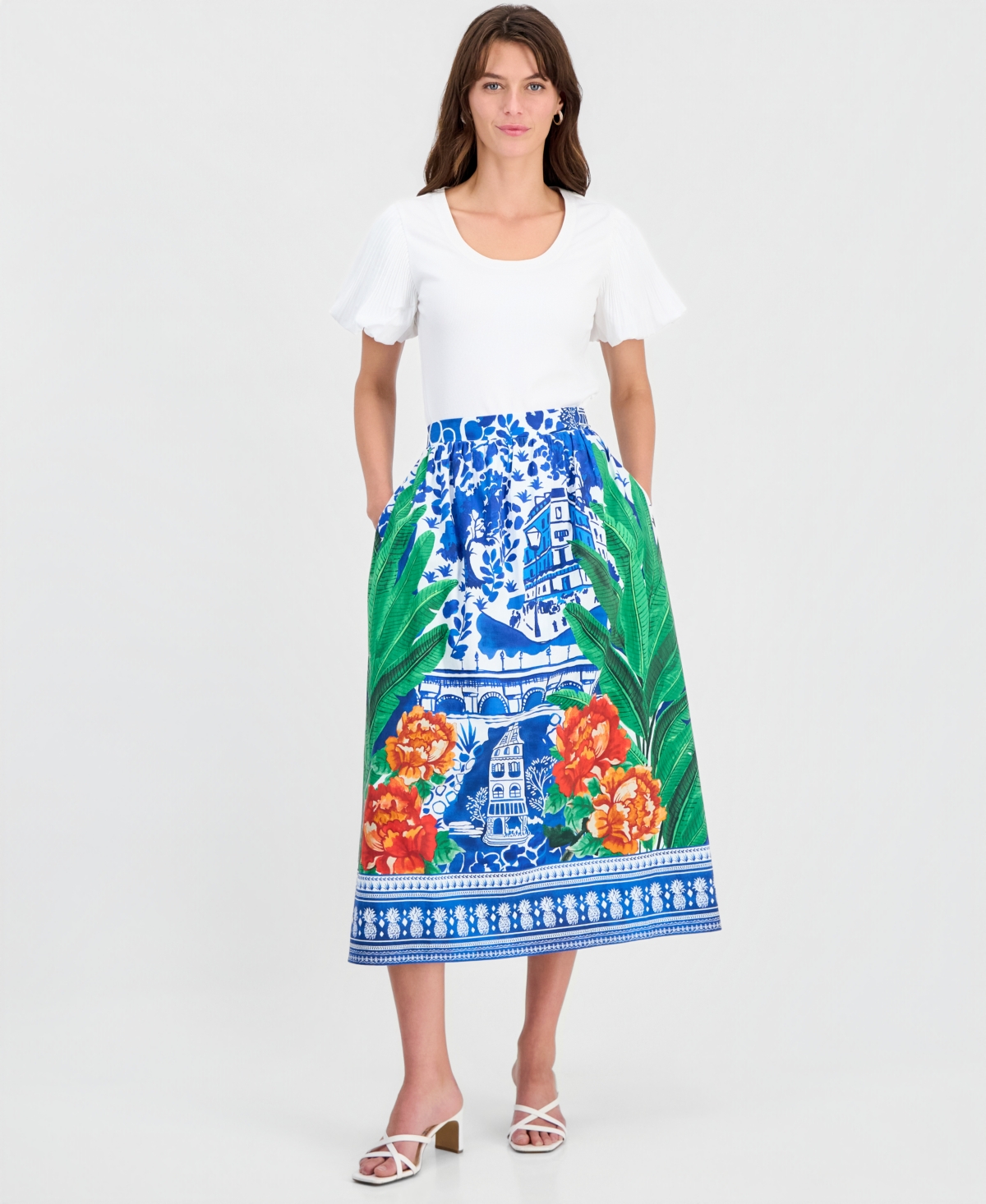 Click here for T Tahari Womens Printed Pull-On Flared Midi Skirt... prices