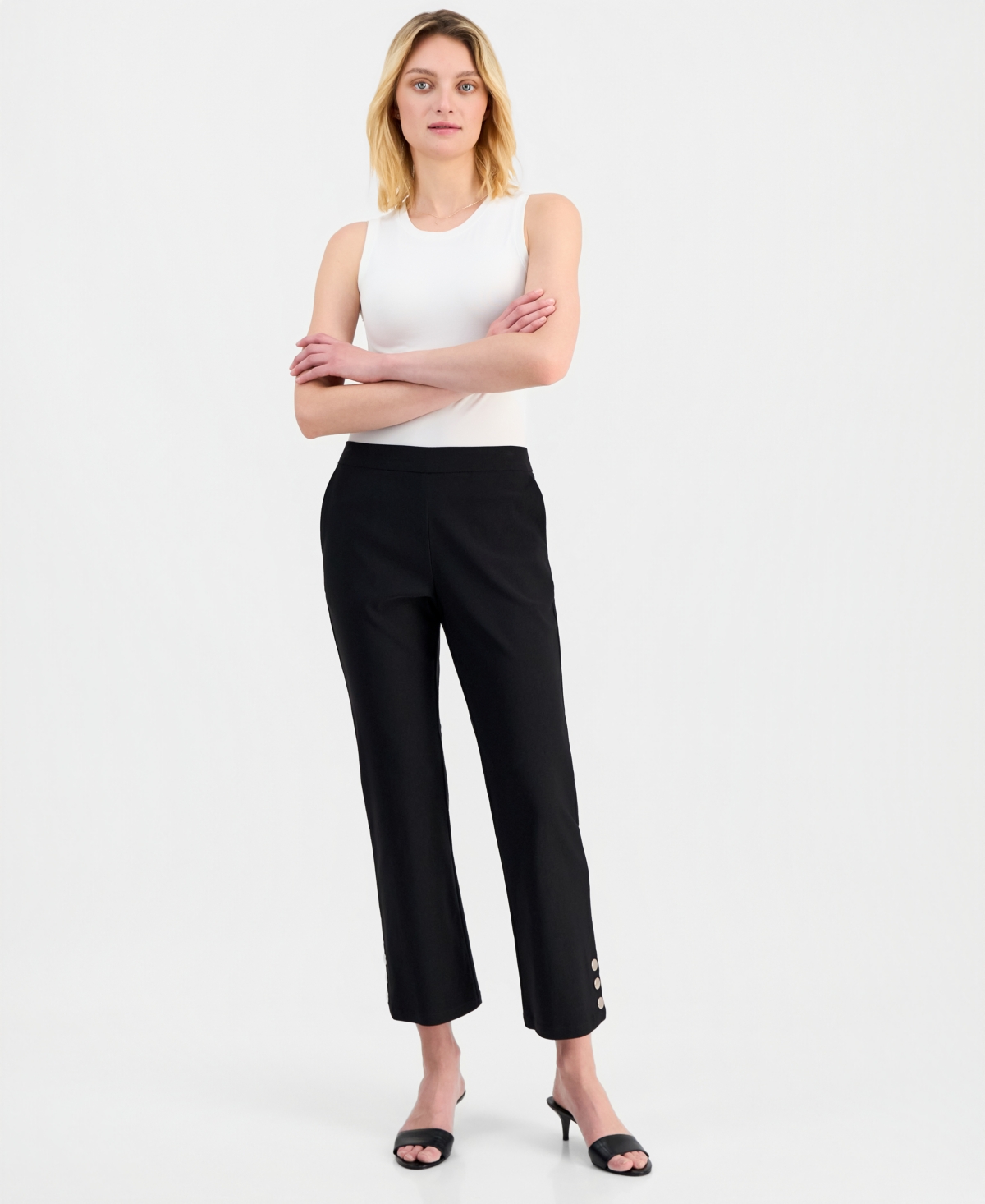 Click here for T Tahari Womens Button-Hem Cropped Pants - Black prices
