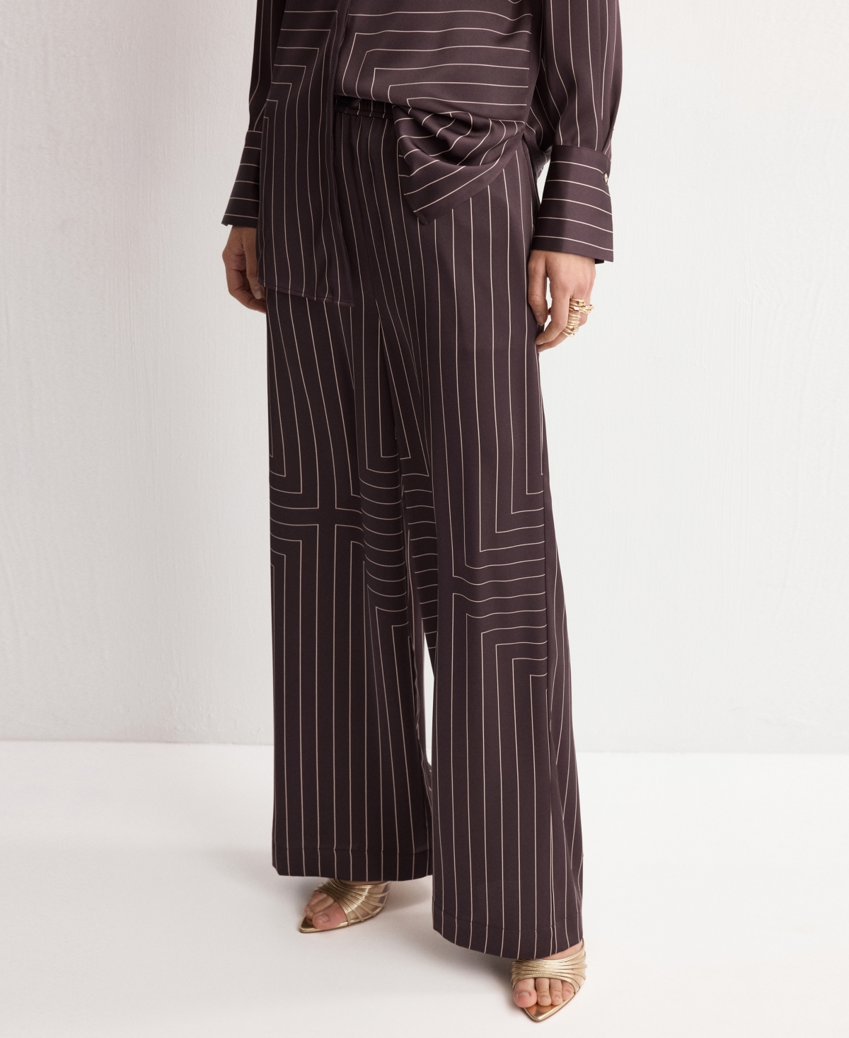 Click here for Mango Womens Geometric-Print Satin Pants - Chocola... prices